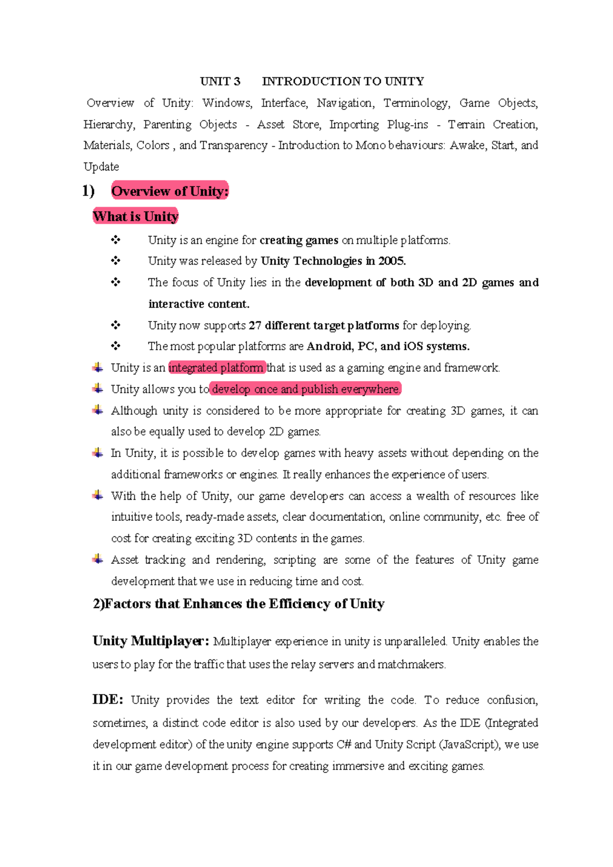 Unit 3 Introduction To Unity Unit 3 Introduction To Unity Overview Of