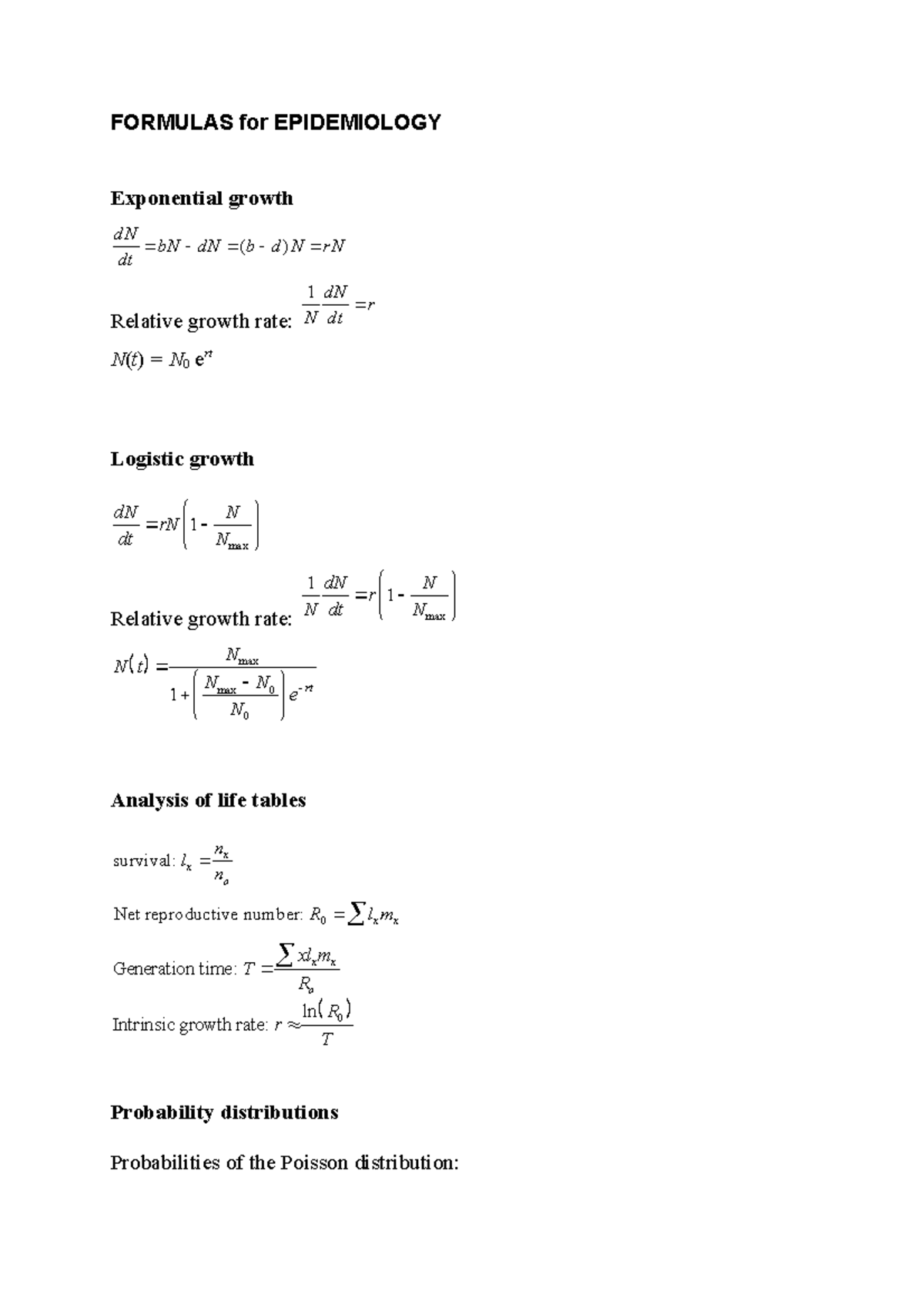epidemiologie Formulas - FORMULAS for EPIDEMIOLOGY Exponential growth ...