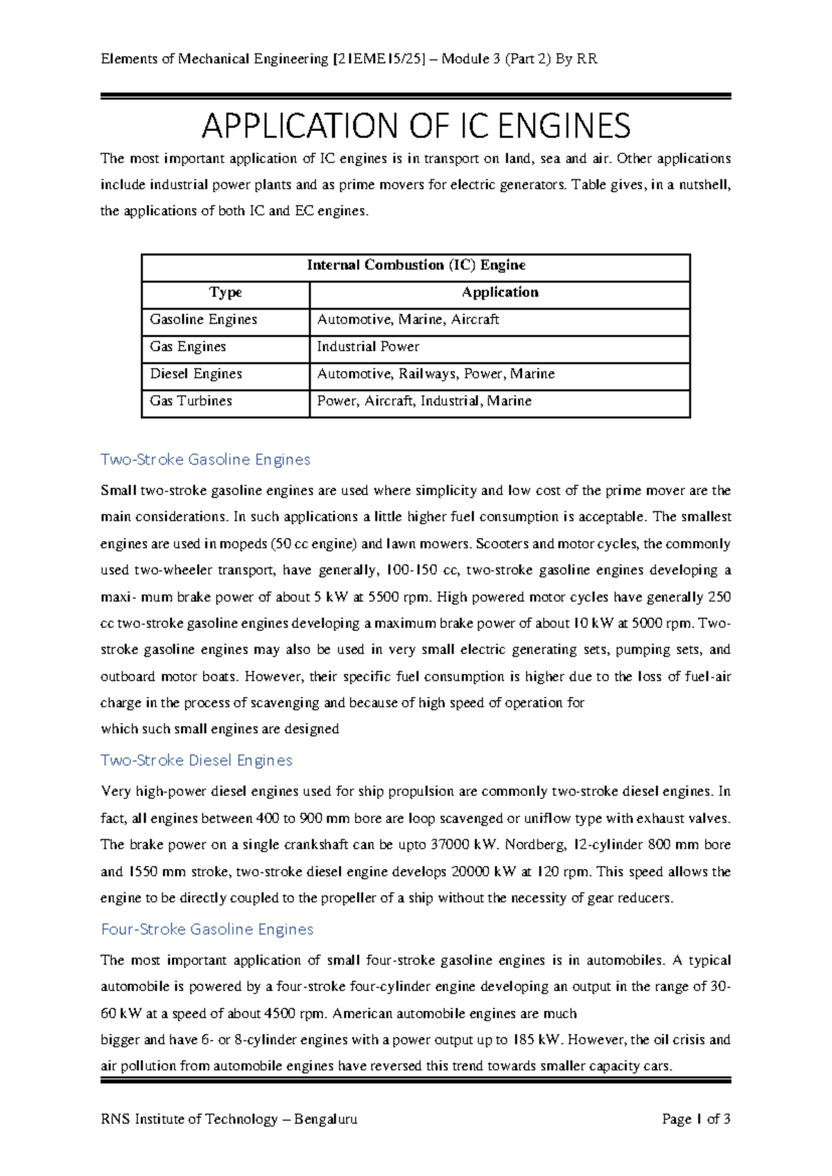 21EME15 Module 3 Part 2 Applications of IC Engines - RNS Institute of Technology – Bengaluru ...