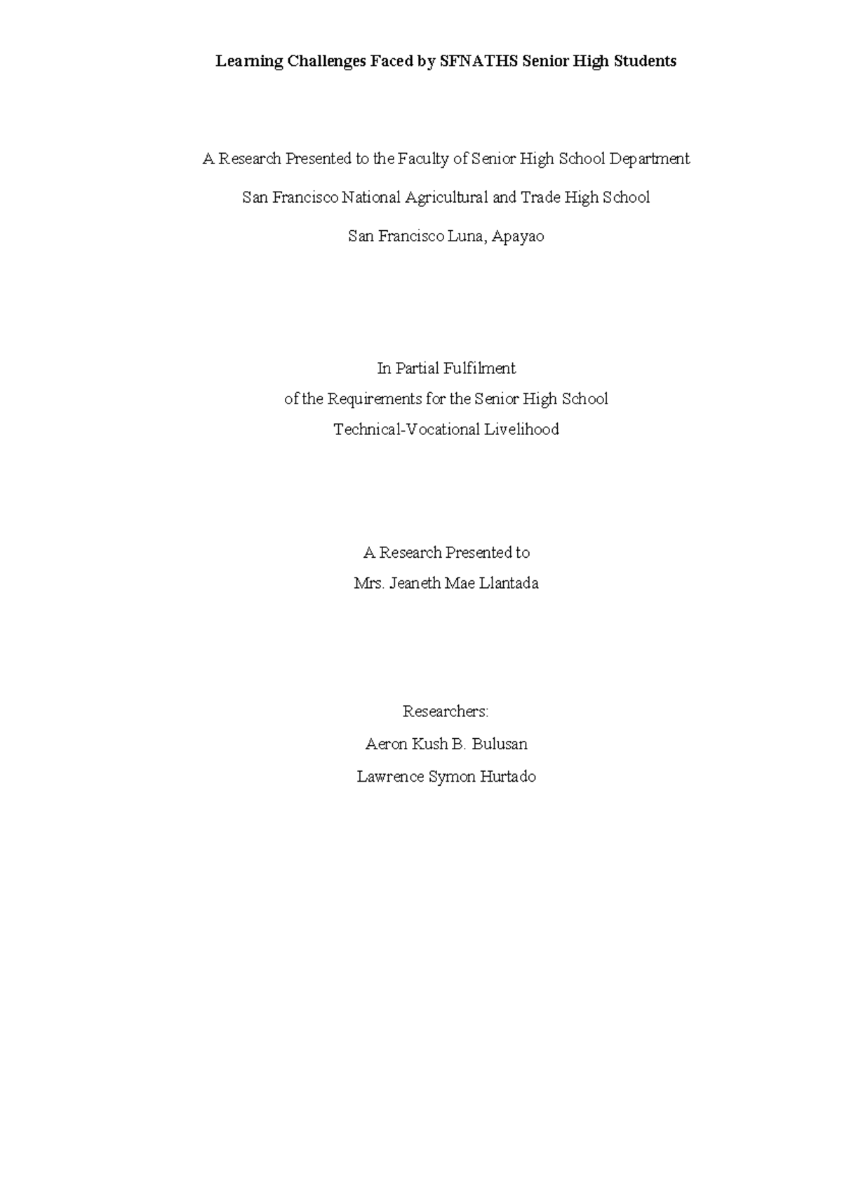 Learning Challenges Faced by Sfnaths Senior High Students - Learning ...