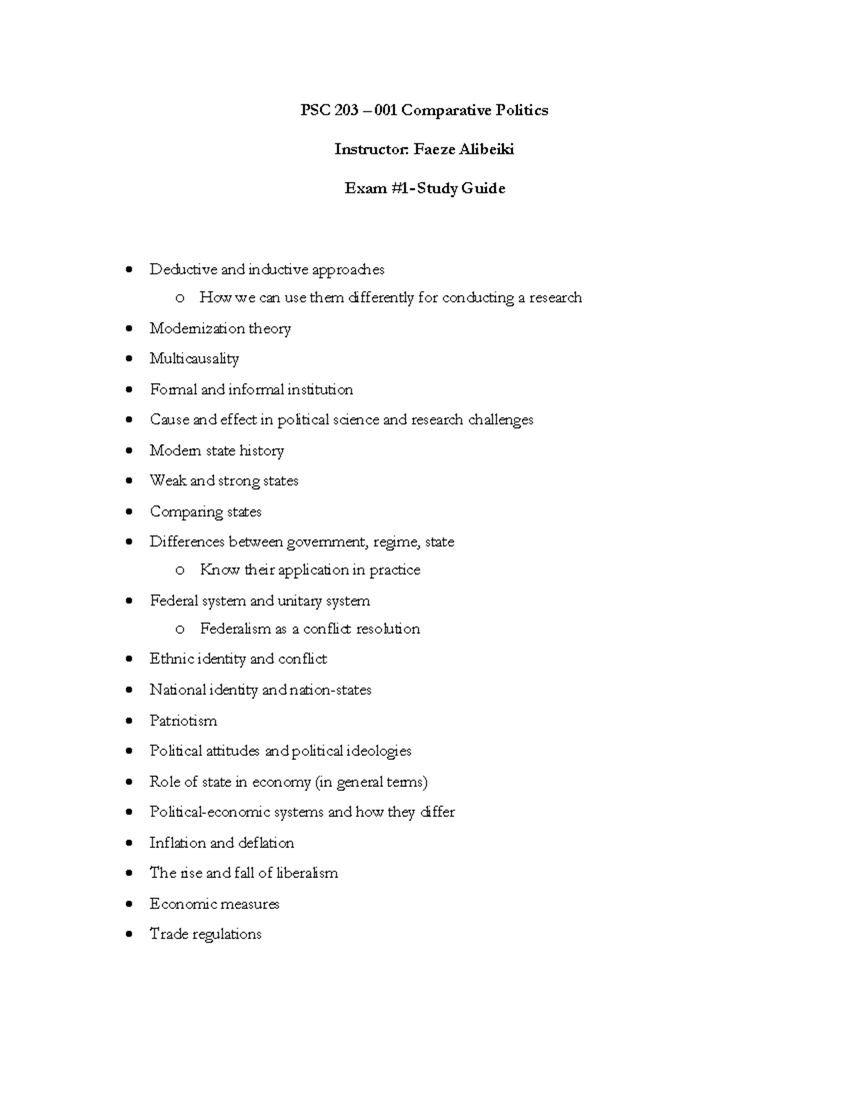 Study guide #1 - PSC 203 – 001 Comparative Politics Instructor: Faeze ...