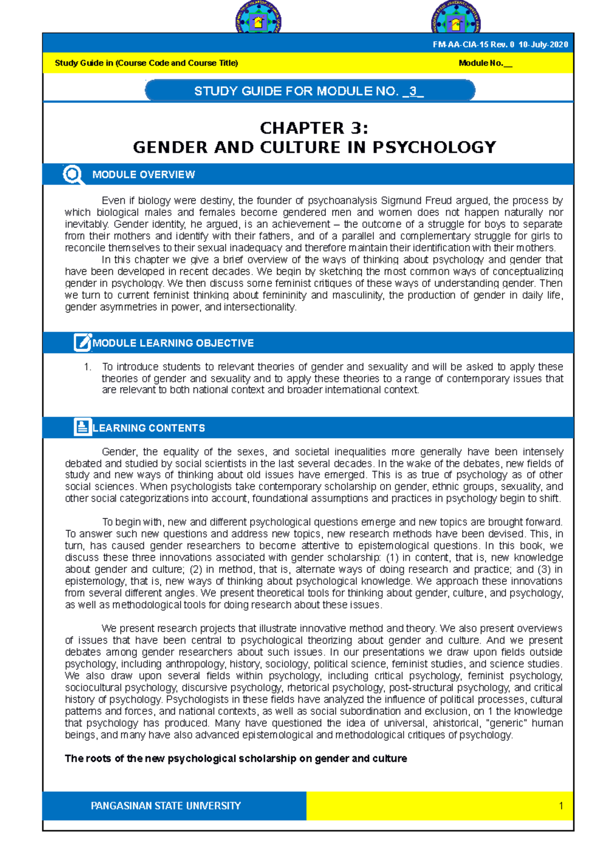 GEE 2 Module 3 - CHAPTER 3: GENDER AND CULTURE IN PSYCHOLOGY MODULE OVERVIEW Even if biology ...