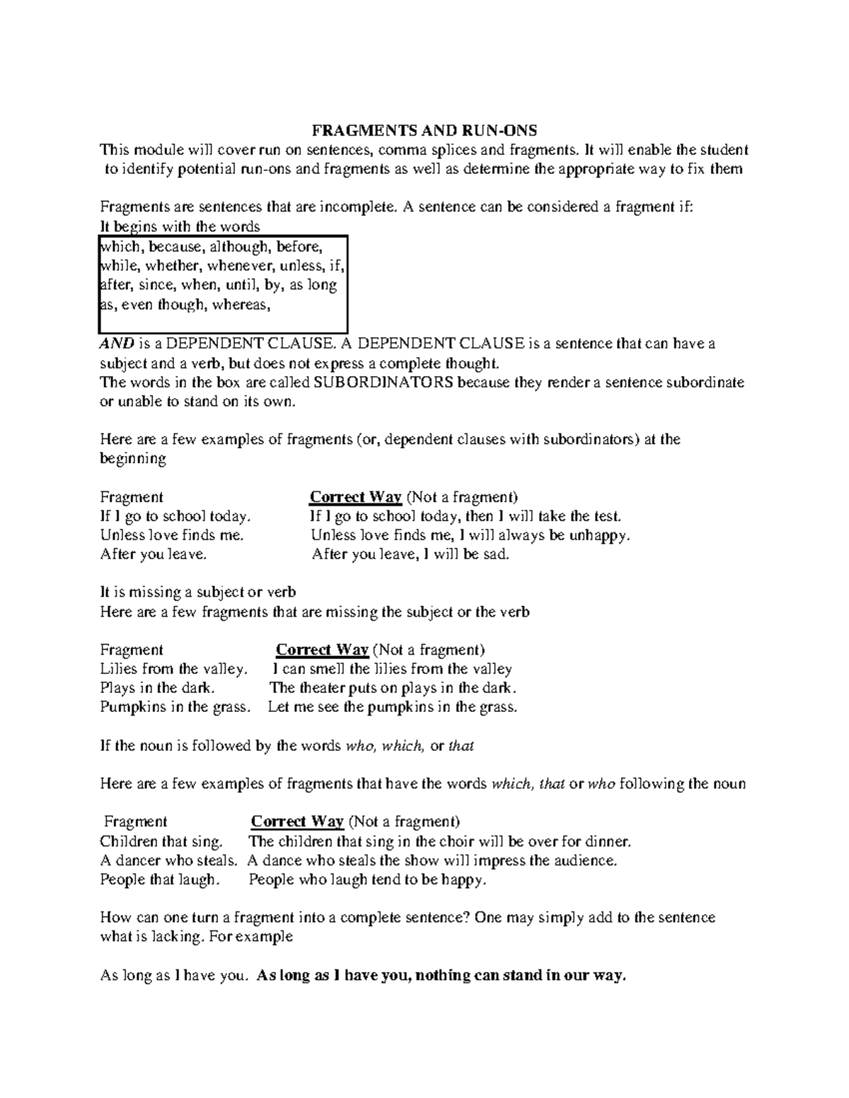 Fragments AND RUN-ONS - i used it At my Eng+ - FRAGMENTS AND RUN-ONS ...