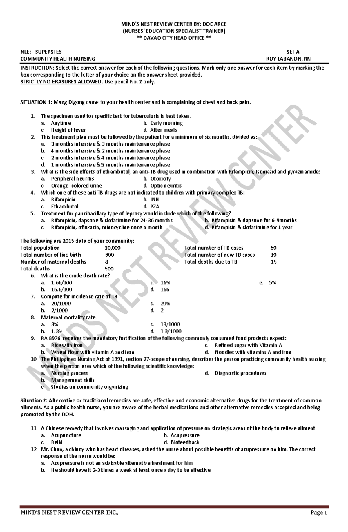 CHN POST TEST - chn post test - MIND’S NEST REVIEW CENTER BY: DOC ARCE ...
