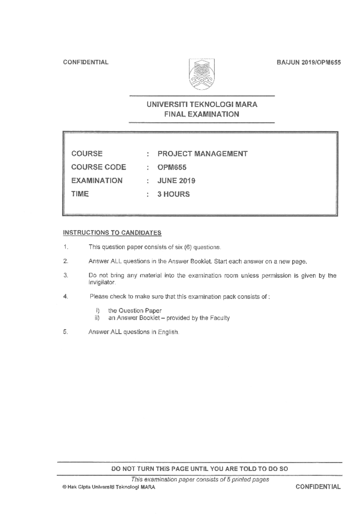 OPM655 JUNE 19 - Exam question - Project Management - Studocu
