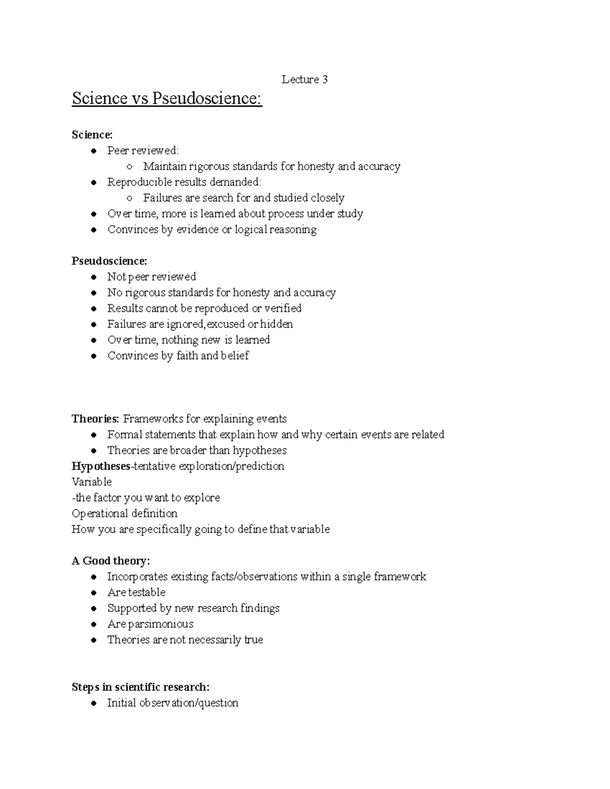 Lecture 3 Sept - Lecture 3 Science vs Pseudoscience: Science: Peer ...