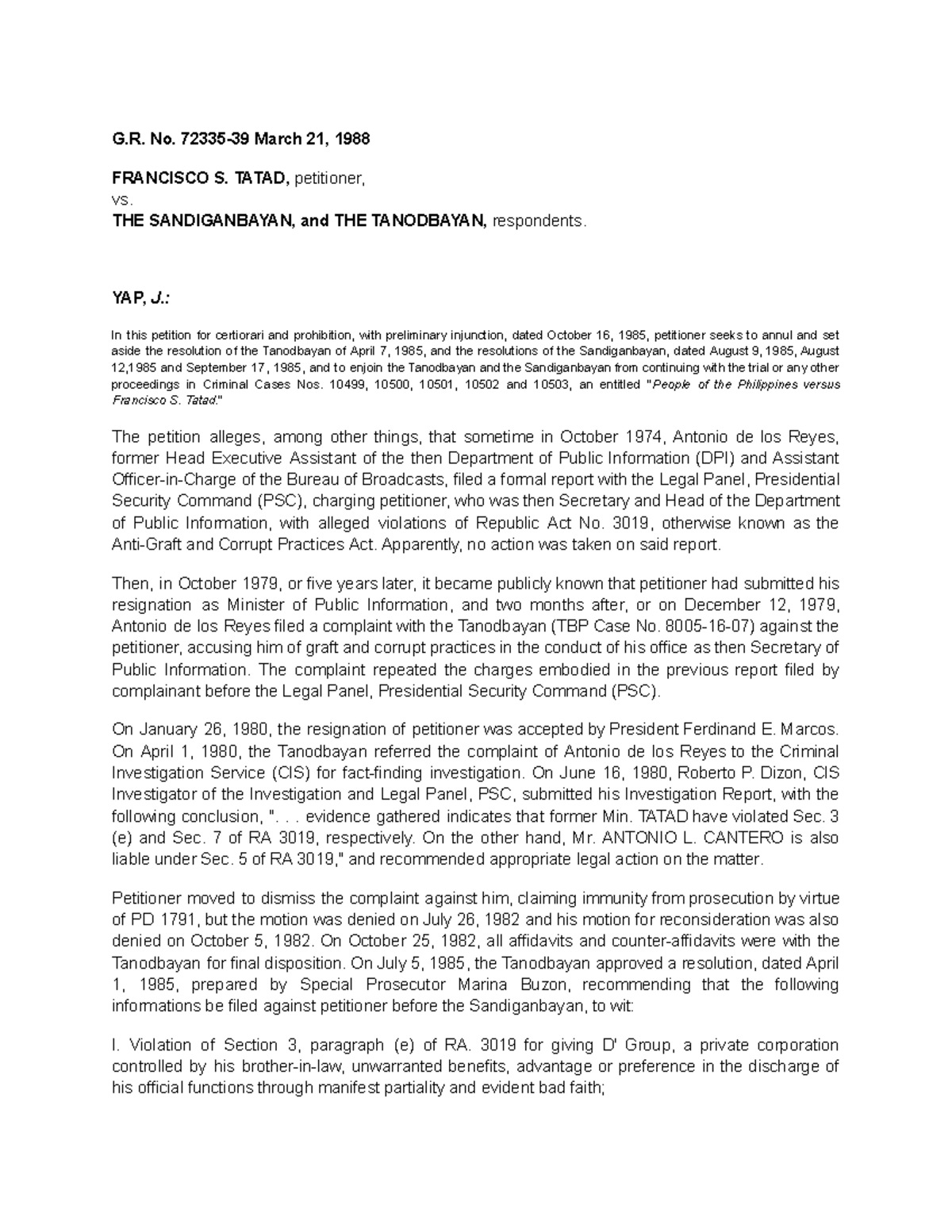 Tatad VS Sandiganbayan 159 SCRA 160 - G. No. 72335-39 March 21, 1988 ...