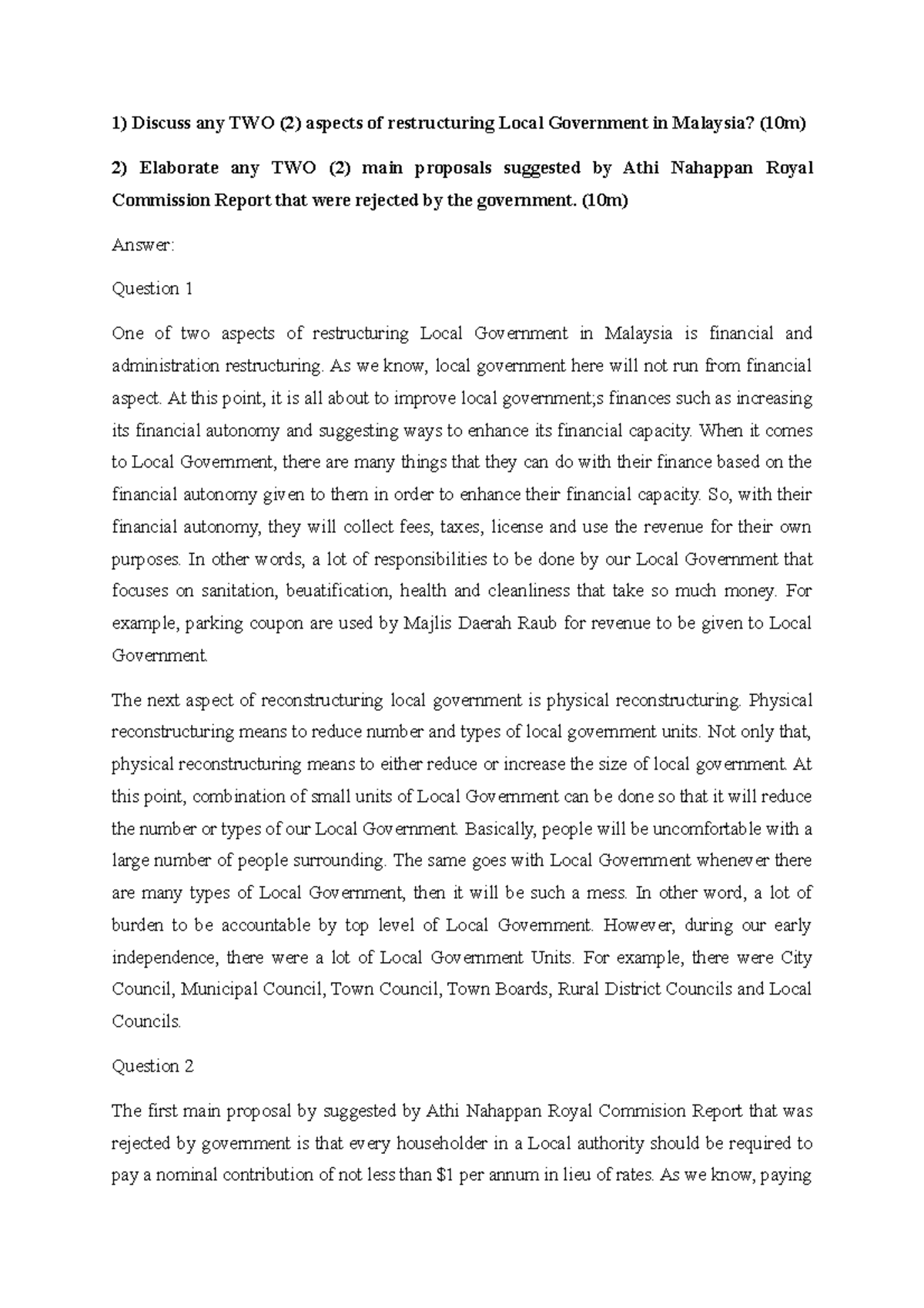 PAD320 Tutorial 3 - Discuss any TWO (2) aspects of restructuring Local ...