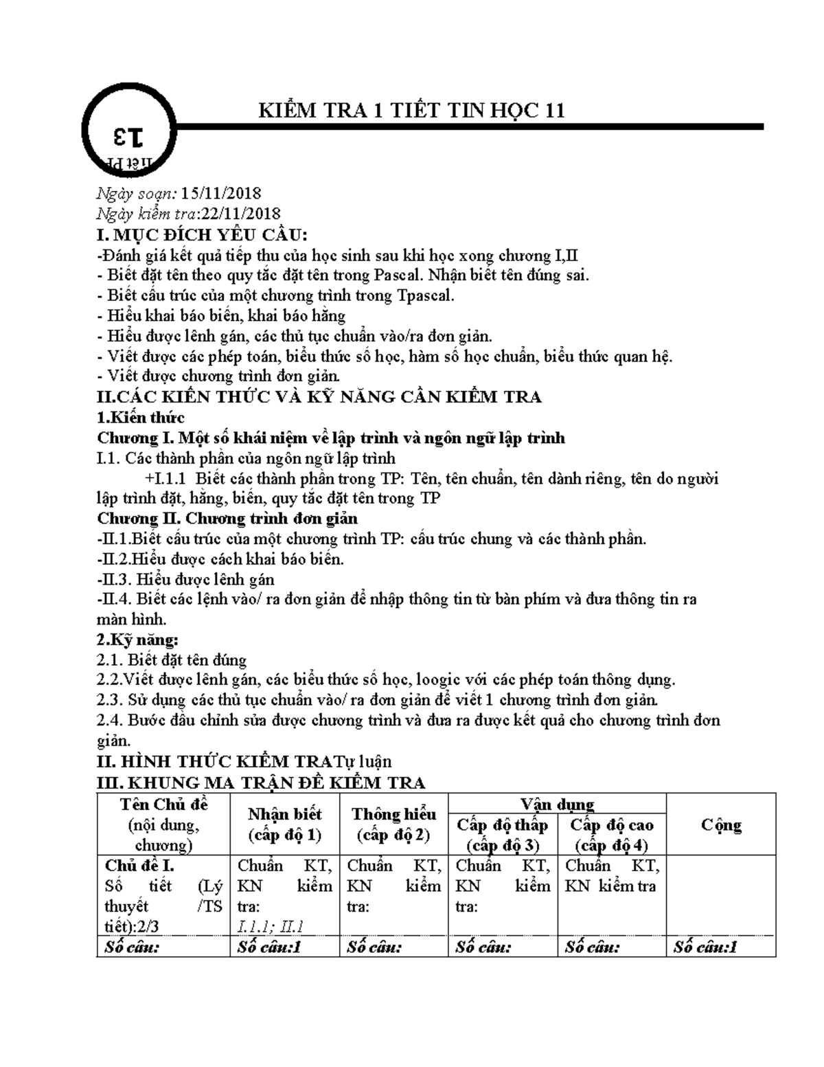 KIe M TRA 1 TIe T TIN Ho C 11 tiet ppct 13 - ####### Tiết PP 31 KIỂM TRA 1 TIẾT TIN HỌC 11 ...