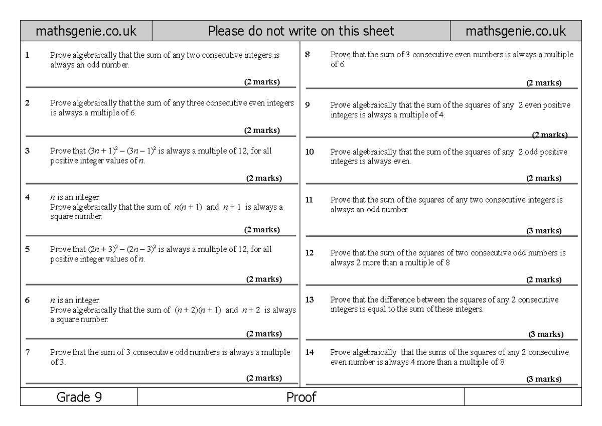Grade 9 Proof - Algebraic Proofs of Integer Sums - mathsgenie.co Grade ...