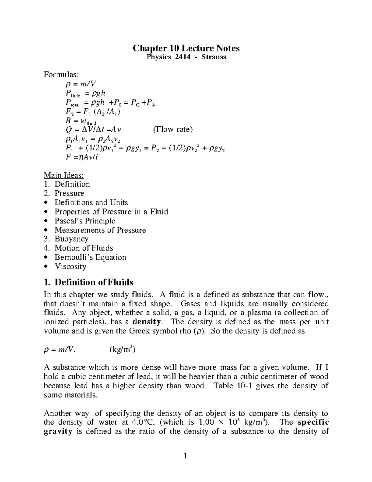 Fluids notes - Chapter 10 Lecture Notes Physics 2414 - Strauss Formulas ...