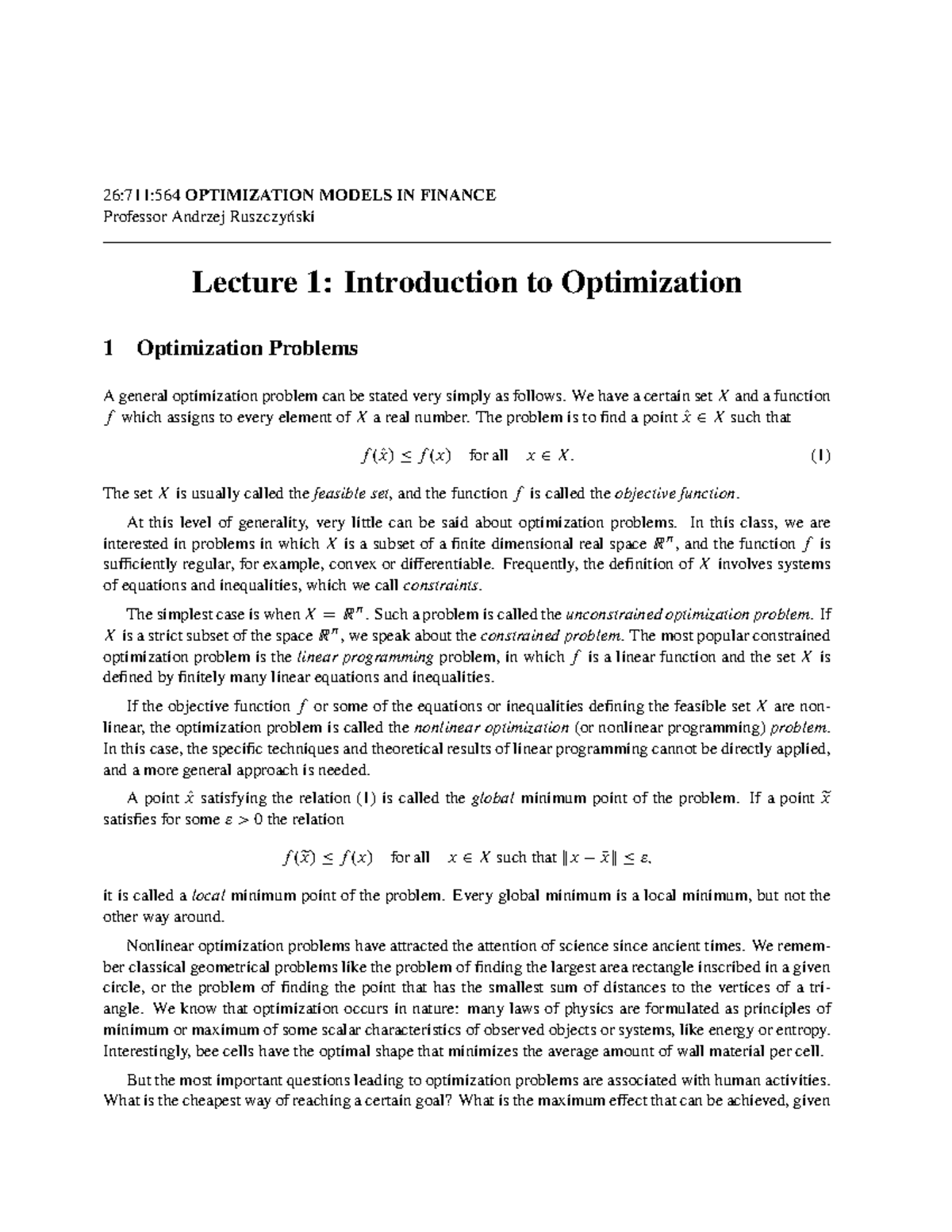Lecture 1 Introduction - 26:711:564 OPTIMIZATION MODELS IN FINANCE Professor Andrzej Ruszczyński ...