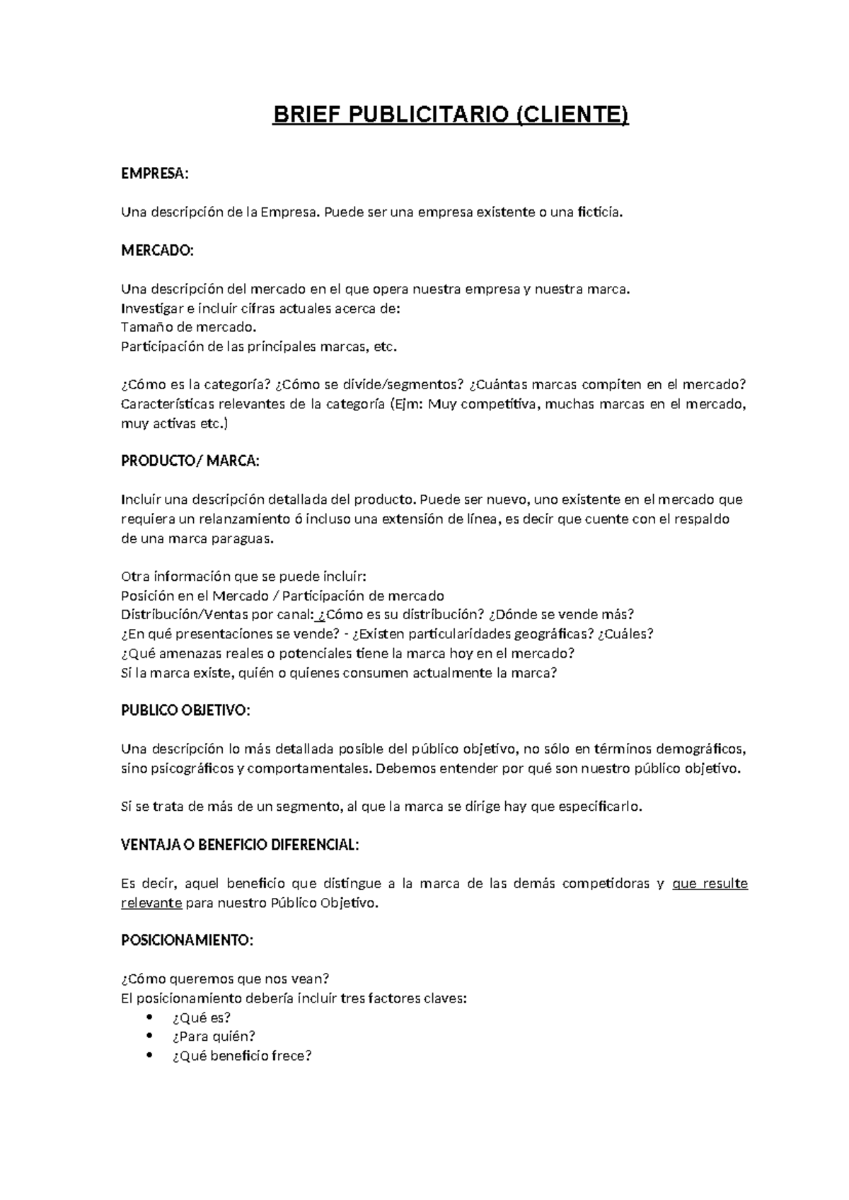 Brief Publicitario Cliente - BRIEF PUBLICITARIO (CLIENTE) EMPRESA: Una descripción de la Empresa ...