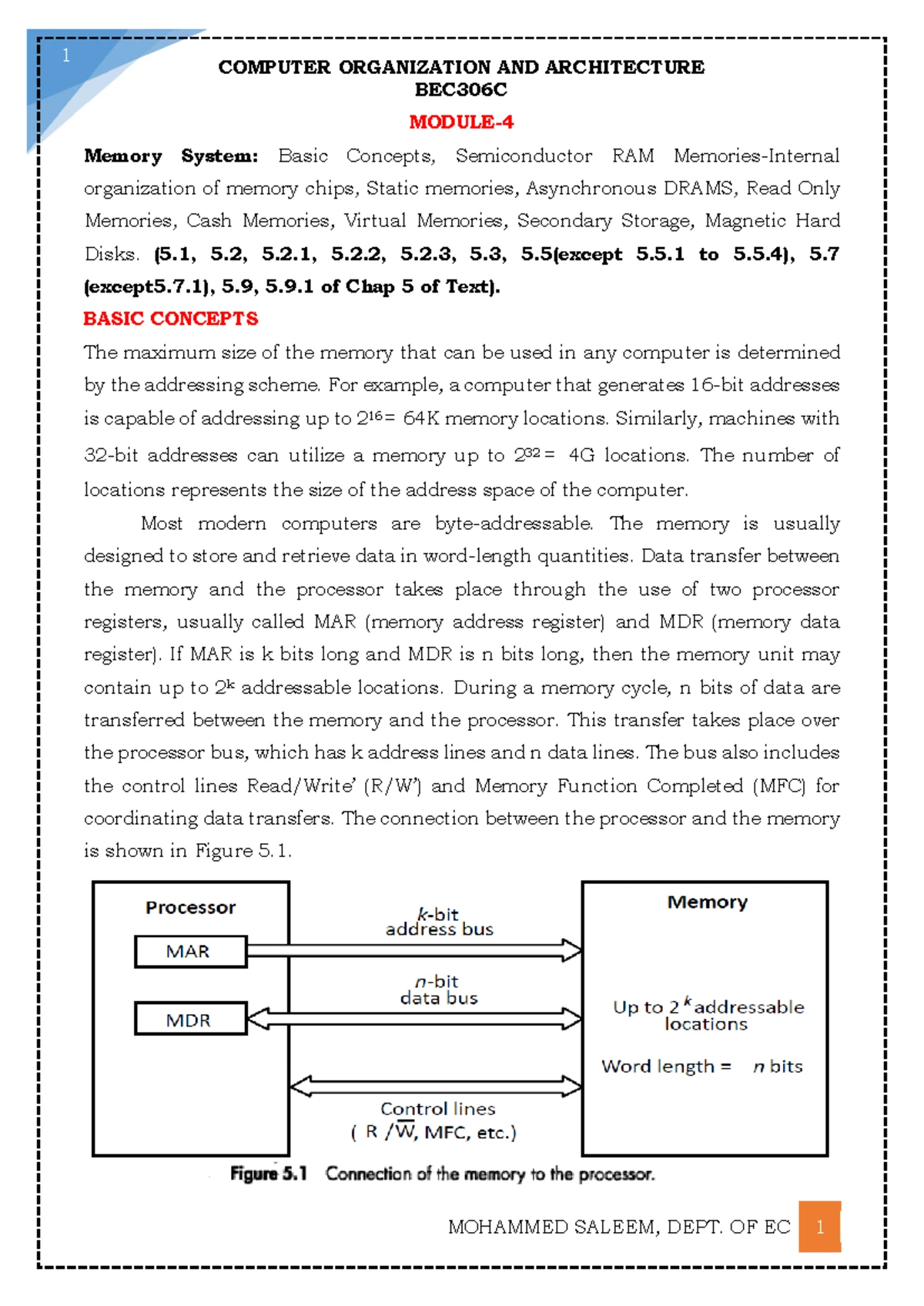 COA Module-4 - Notes - 41 introduction odule 1, the concept of memory ...