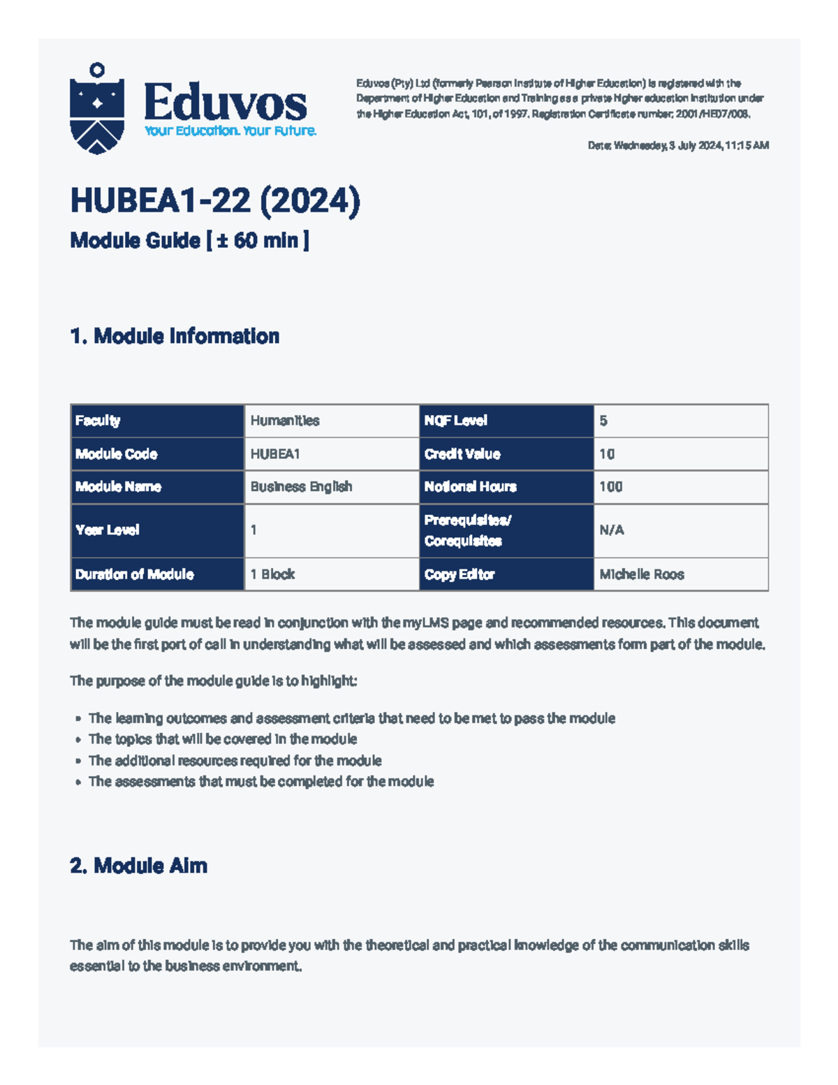 Module Guide [ ± 60 min ] Eduvos - Eduvos (Pty) Ltd (formerly Pearson Institute of Higher ...