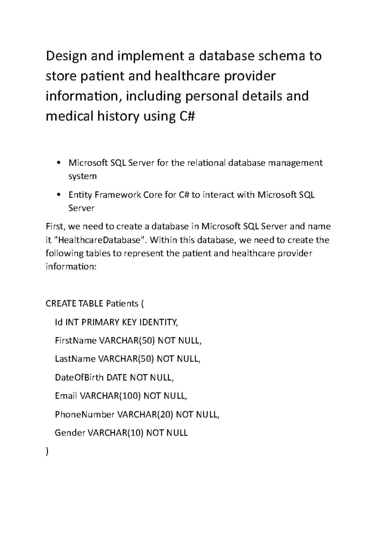 Healthcare provider information-C# - Design and implement a database ...
