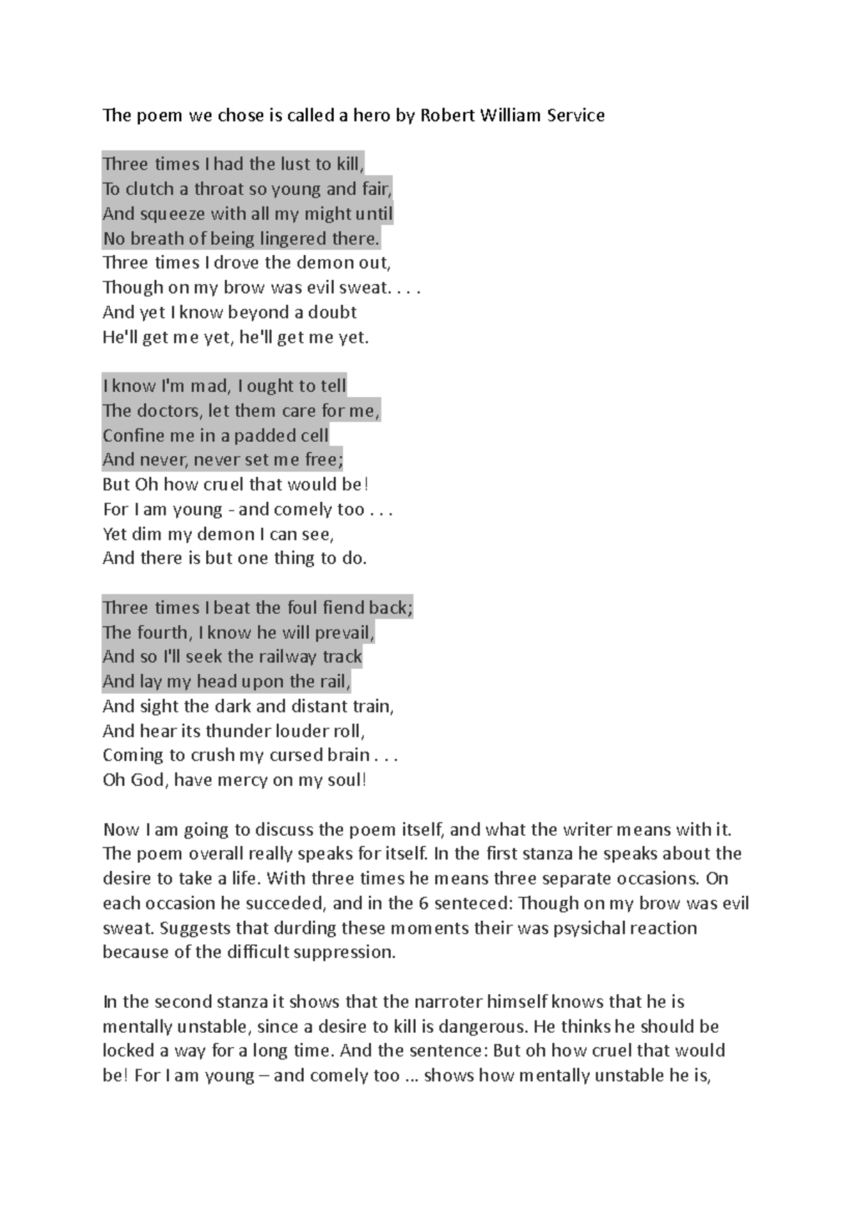 The poem we chose is called a hero by Robert William Service - Three ...