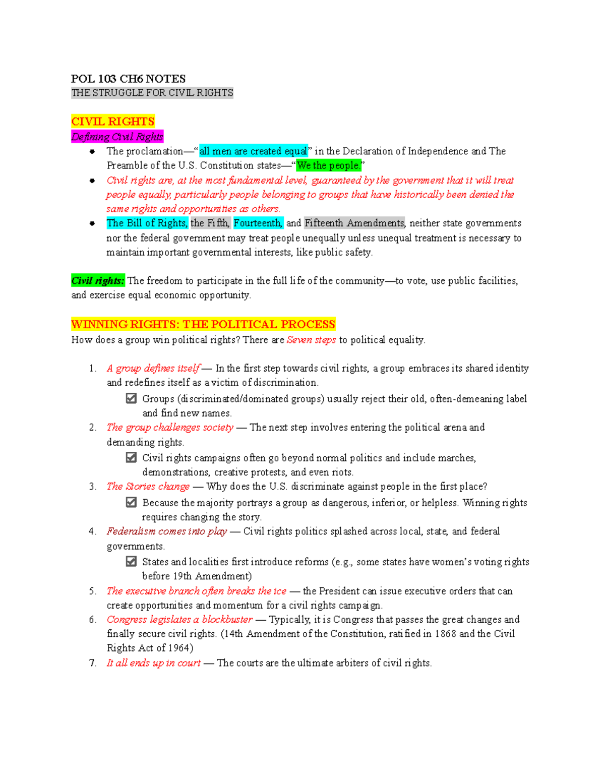 POL 103 CHP6 Notes - POL 103 CH6 NOTES THE STRUGGLE FOR CIVIL RIGHTS ...