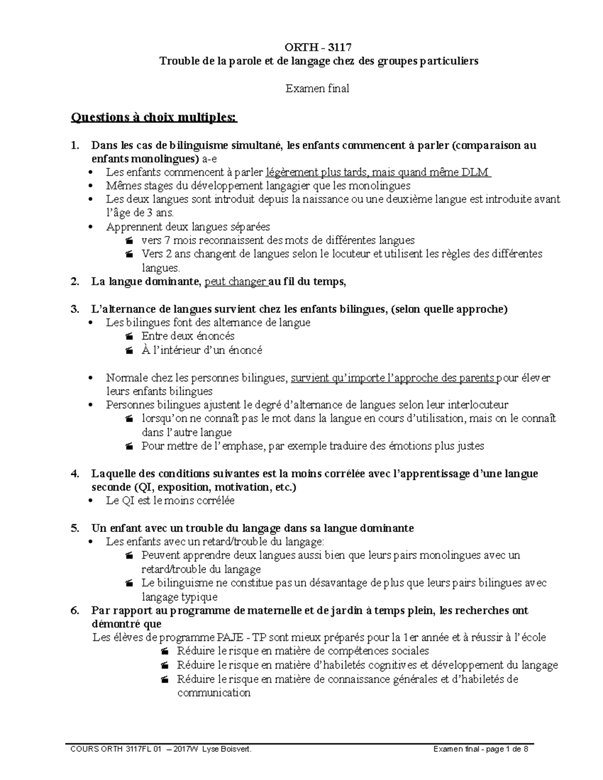 Examen final 2017 - Lecture notes - ORTH-3117FL - Laurentian - Studocu