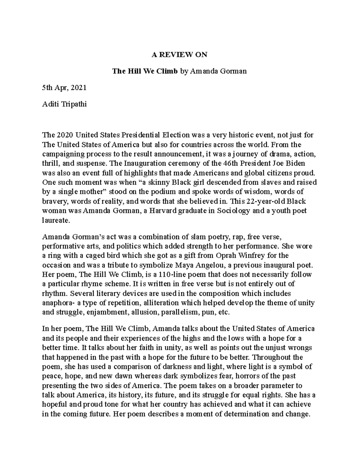 Review on The Hill We Climb by Amanda Gorman - A REVIEW ON The Hill We ...