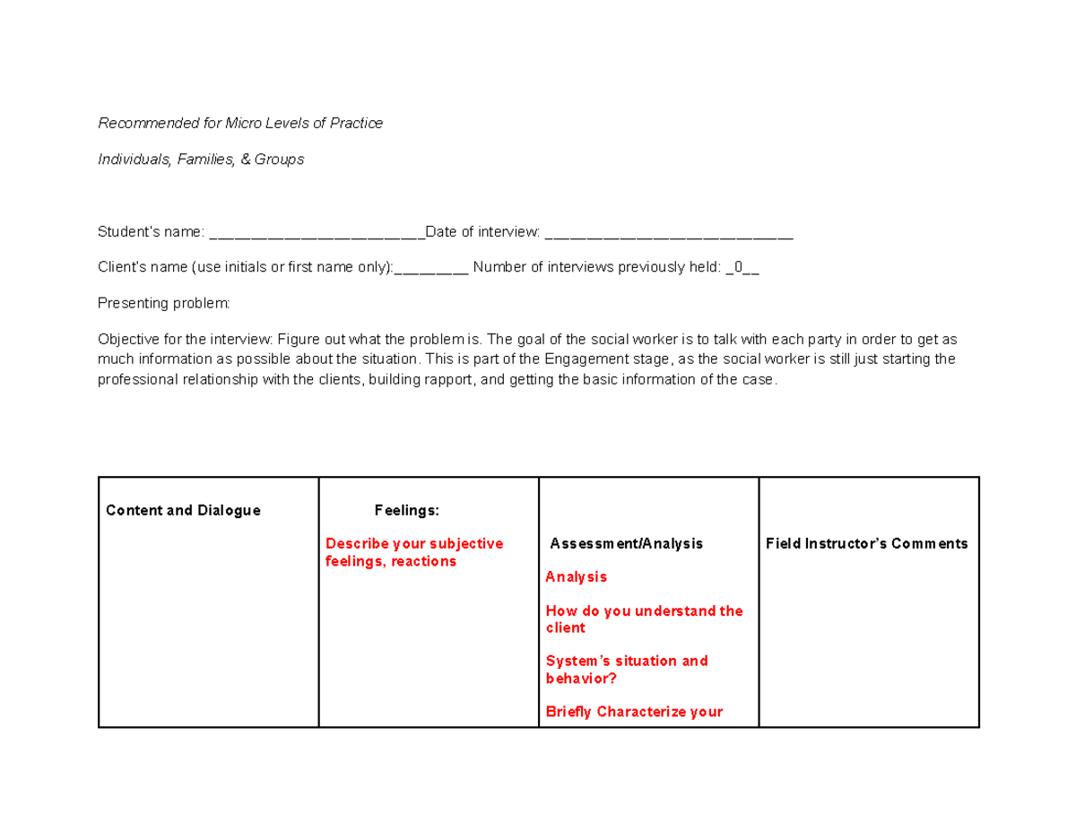 Process Recording Template - Recommended for Micro Levels of Practice ...