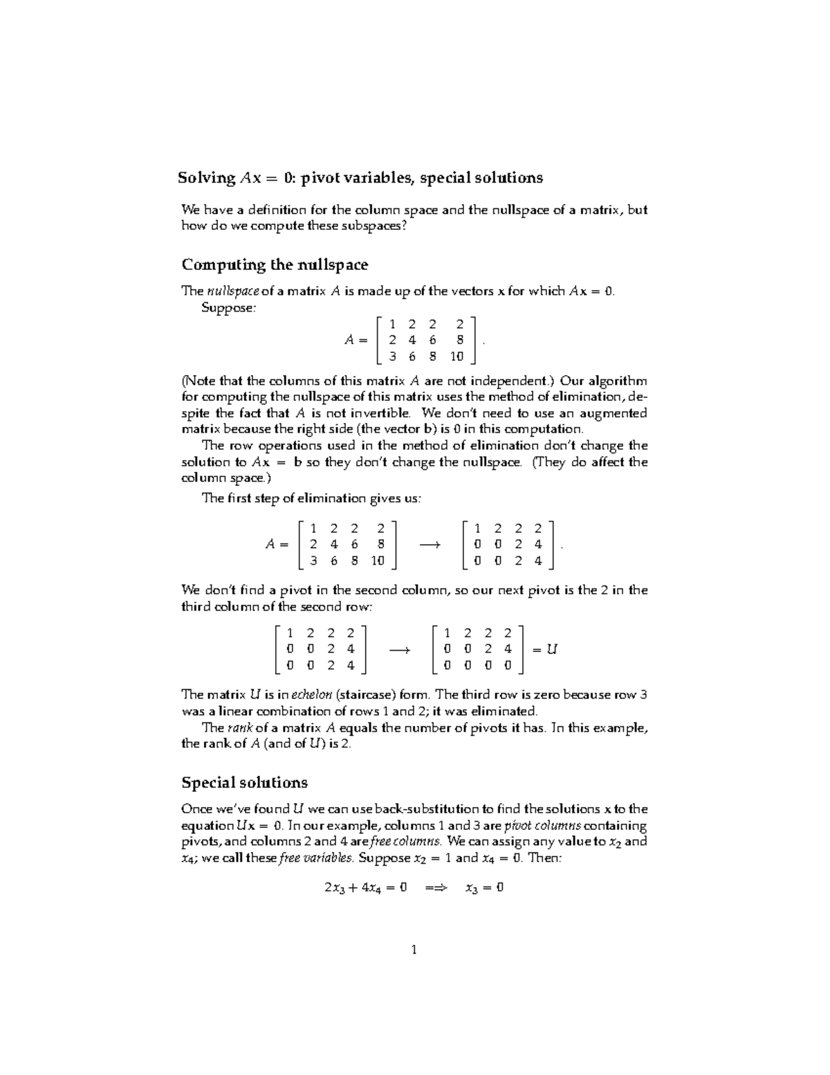 08.Solving Ax = 0- Pivot Variables, Special Solutions - Solving Ax = 0 ...