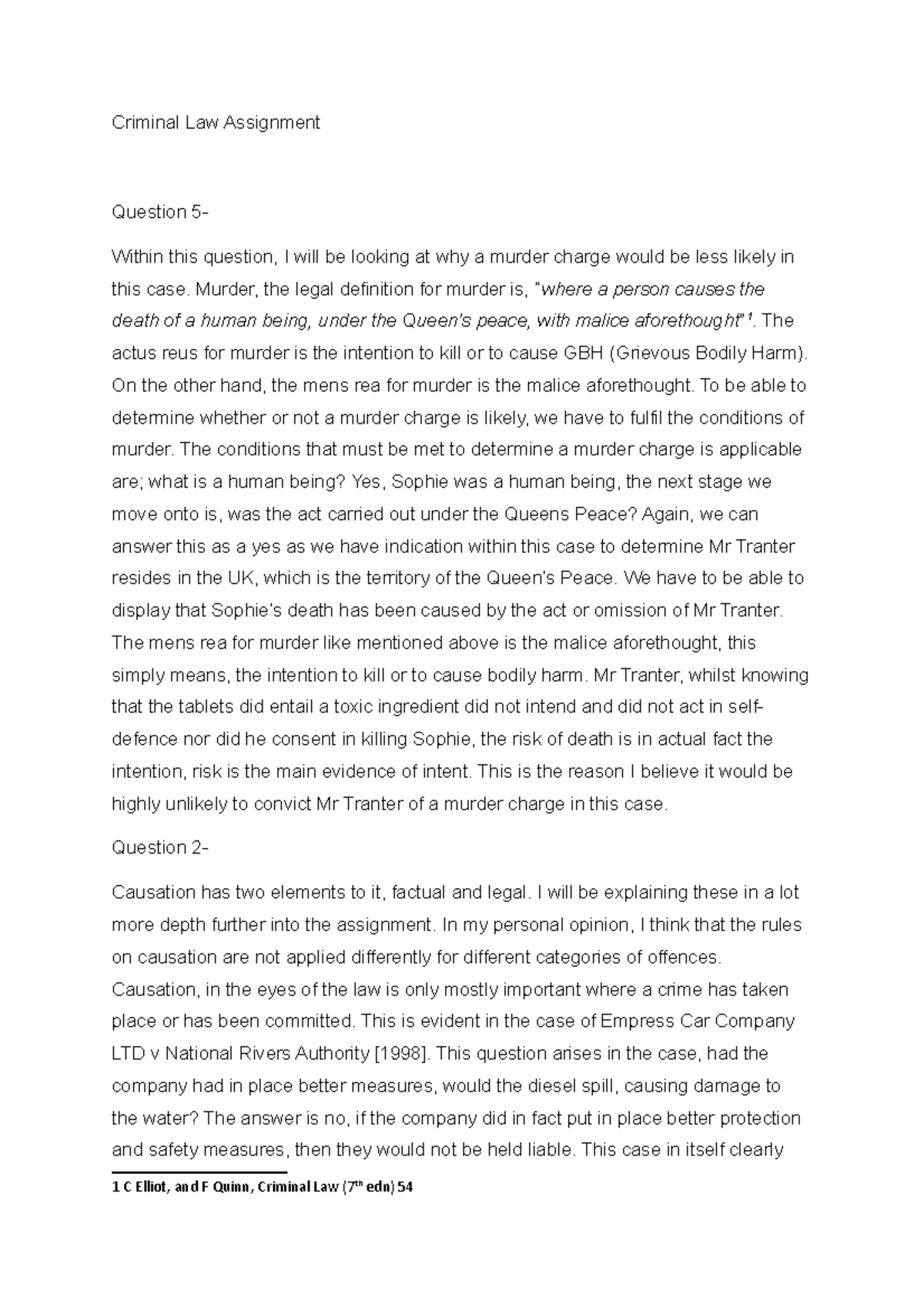 Criminal Law Assignment - Criminal Law Assignment Question 5- Within ...