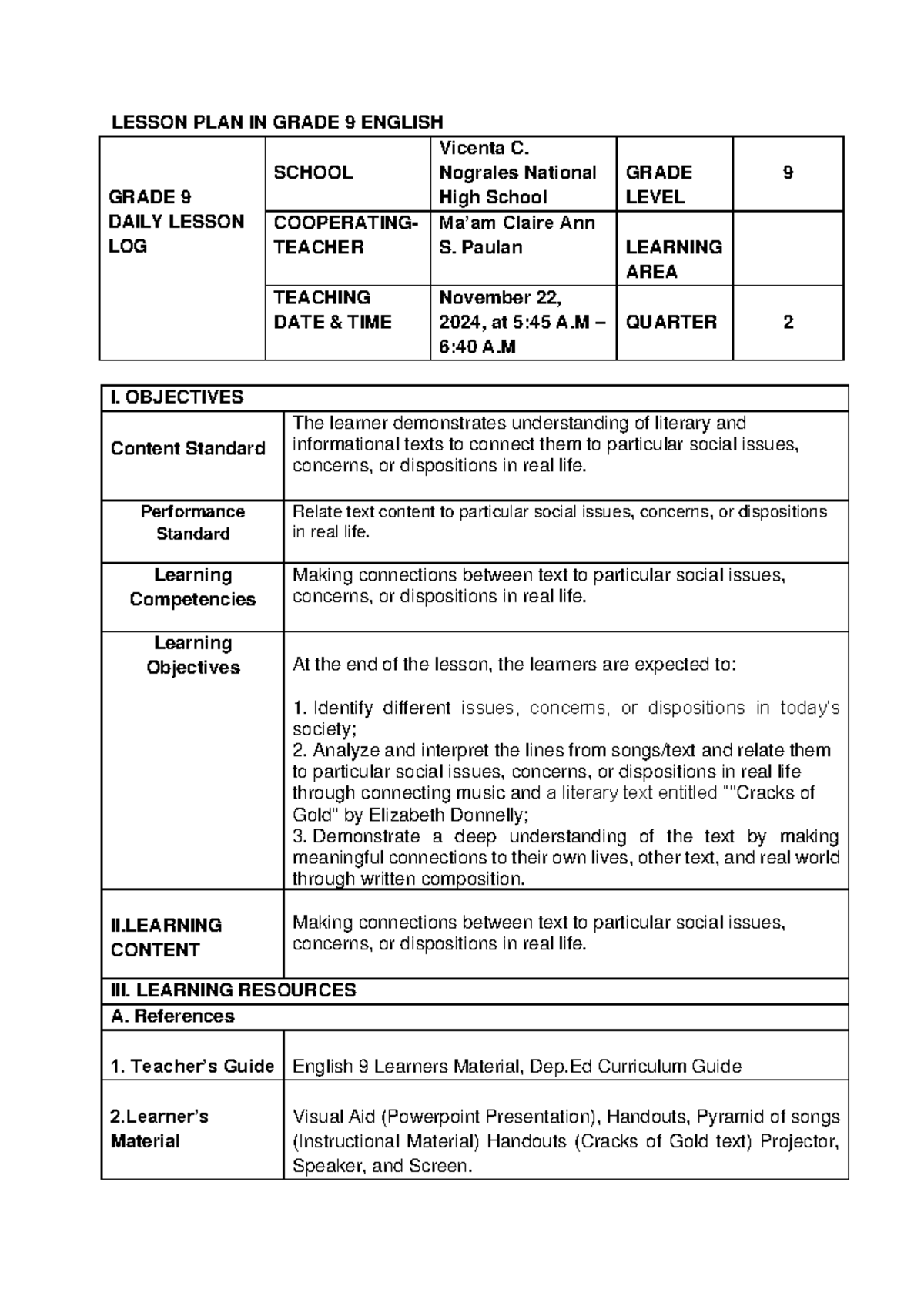 Lesson-Plan In English - LESSON PLAN IN GRADE 9 ENGLISH GRADE 9 DAILY ...