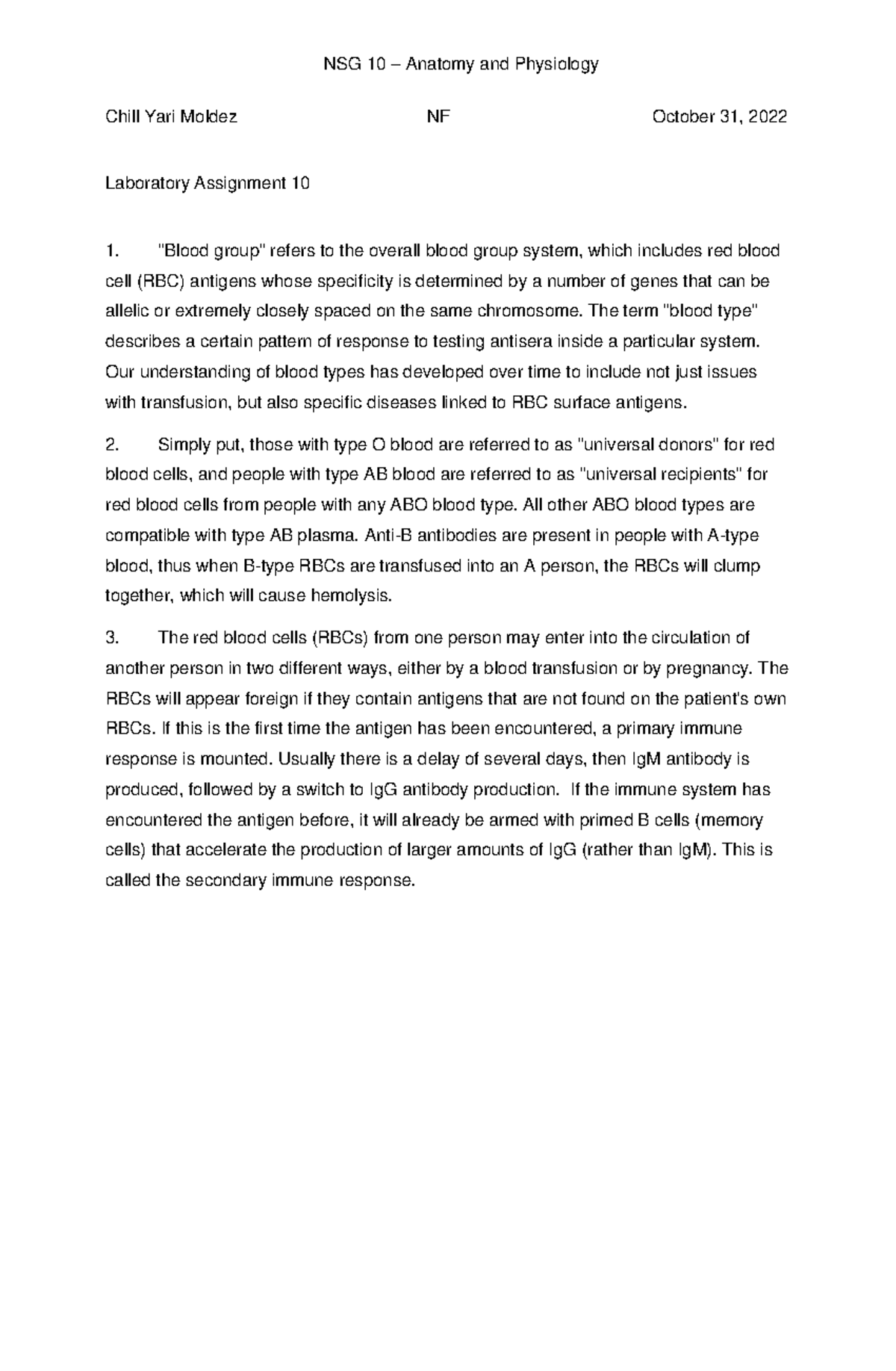 Assignment Lab 10 Moldez - NSG 1 0 – Anatomy and Physiology Chill Yari Moldez NF October 31 ...
