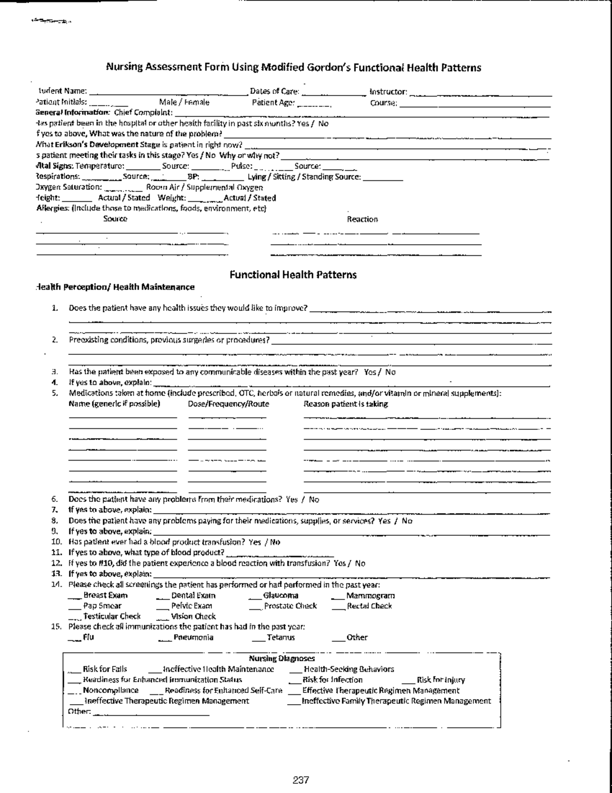 Gordon's Admission Assessment - NSG 101 - Studocu