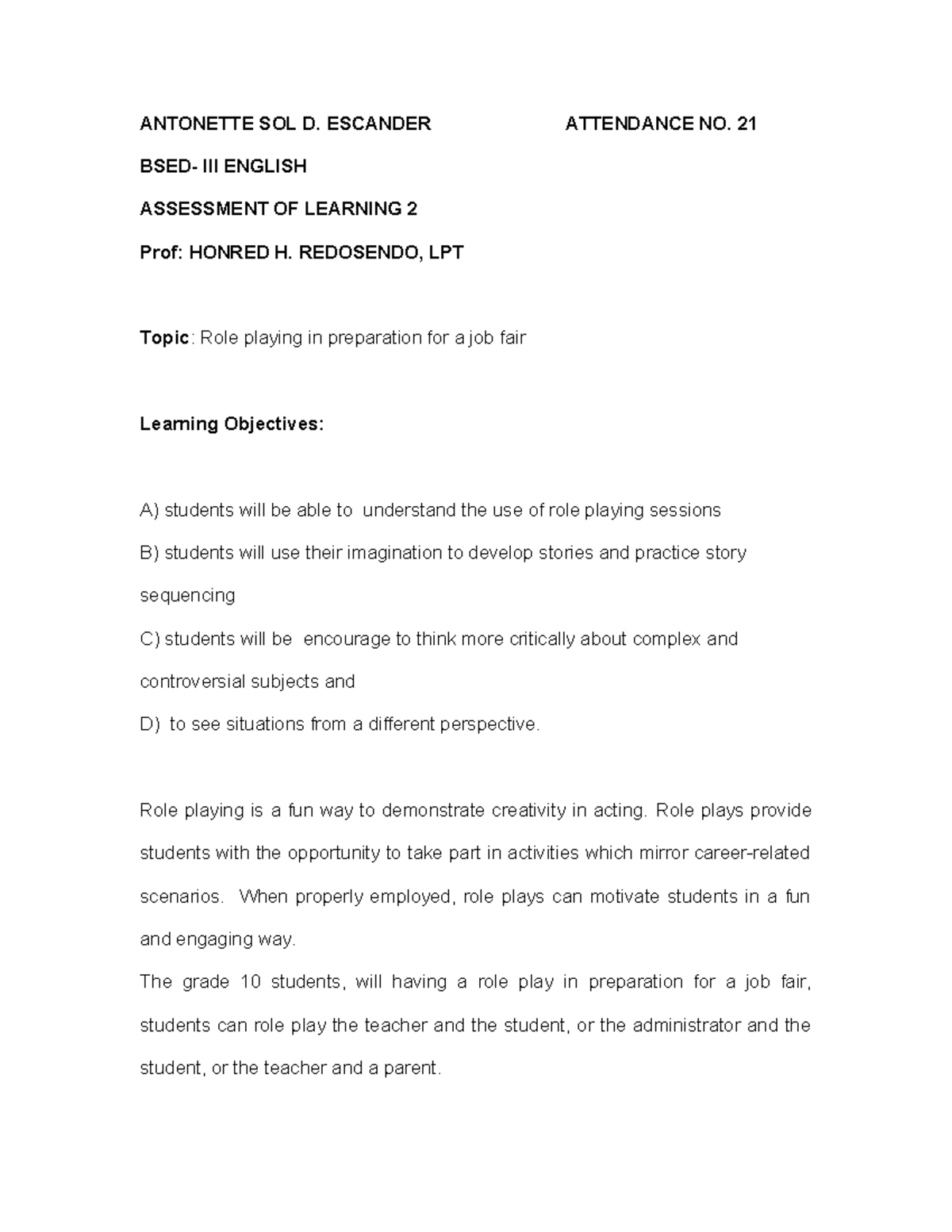 Antonette SOL D Criteria - ANTONETTE SOL D. ESCANDER ATTENDANCE NO. 21 BSED- III ENGLISH ...