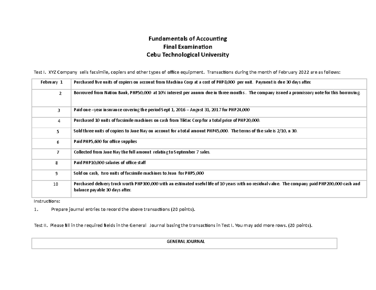 Accounting- Final Examination WITH Answers-11-7-22 - Fundamentals of ...