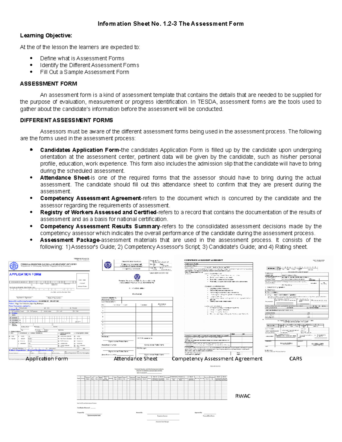 Handouts - Information Sheet No. 1-3 The Assessment Form Learning ...