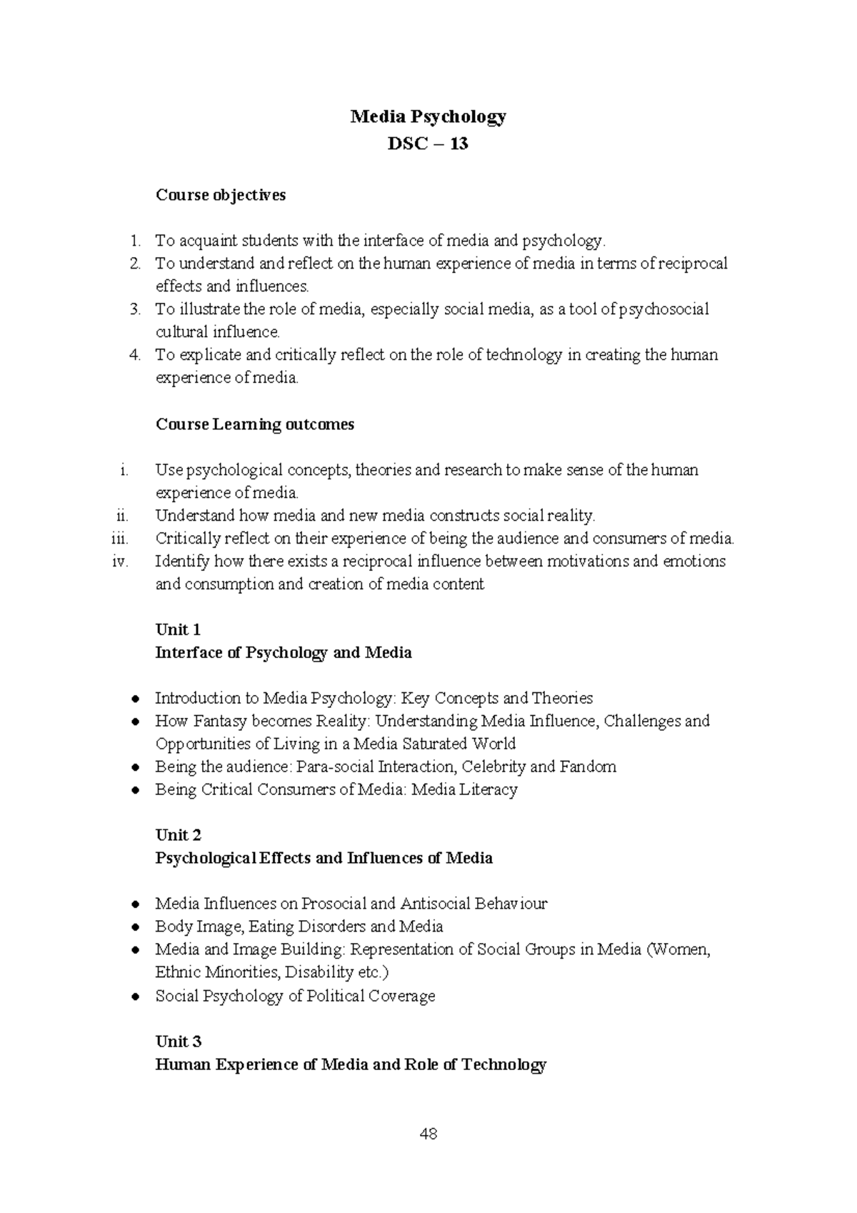 Sem V Syllabus NEP - 2022 - Media Psychology DSC – 13 Course objectives ...