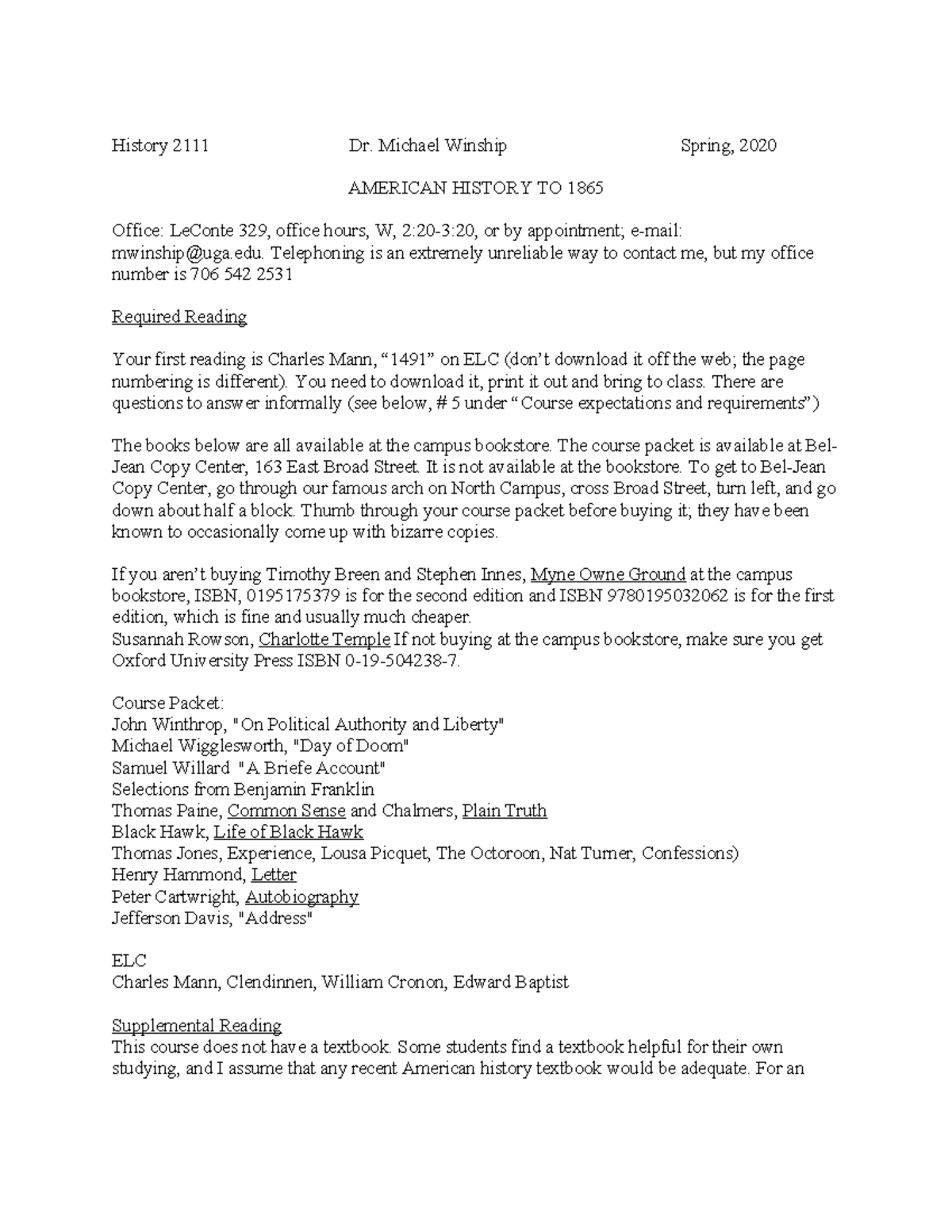 History 2111 student syllabus - History 2111 Dr. Michael Winship Spring ...