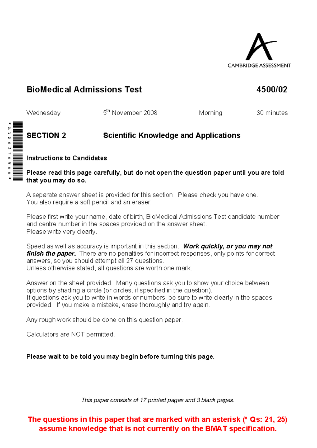 BMAT Past Paper 2008 Section 2 - BioMedical Admissions Test 4500 ...