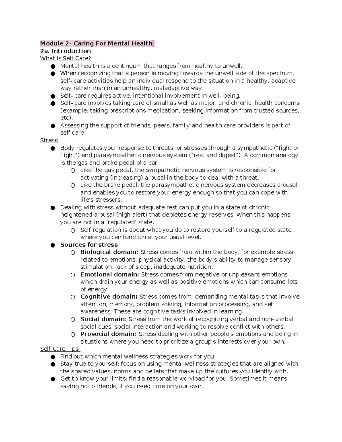 UU 100 Module 2 notes - Module 2- Caring For Mental Health 2a ...