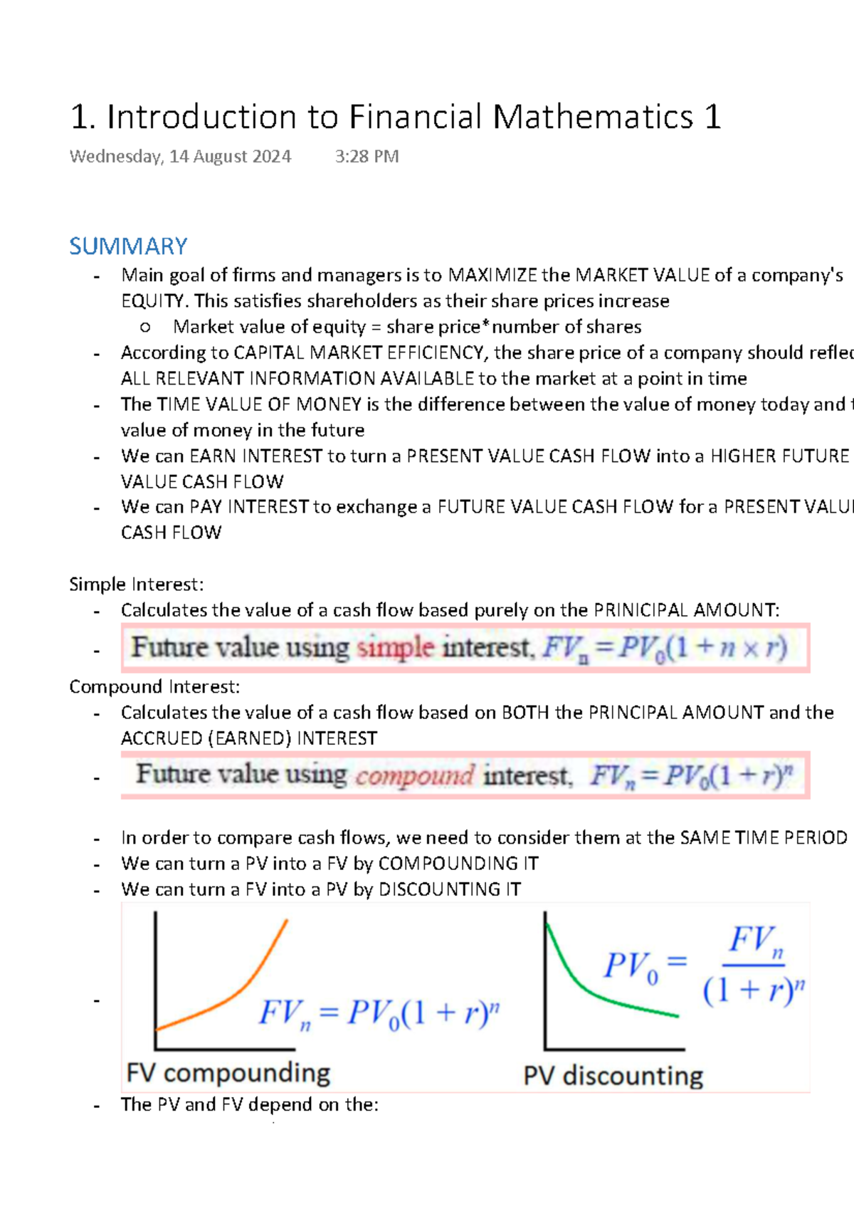 Introduction to Financial Mathematics p1 - SUMMARY Main goal of firms ...