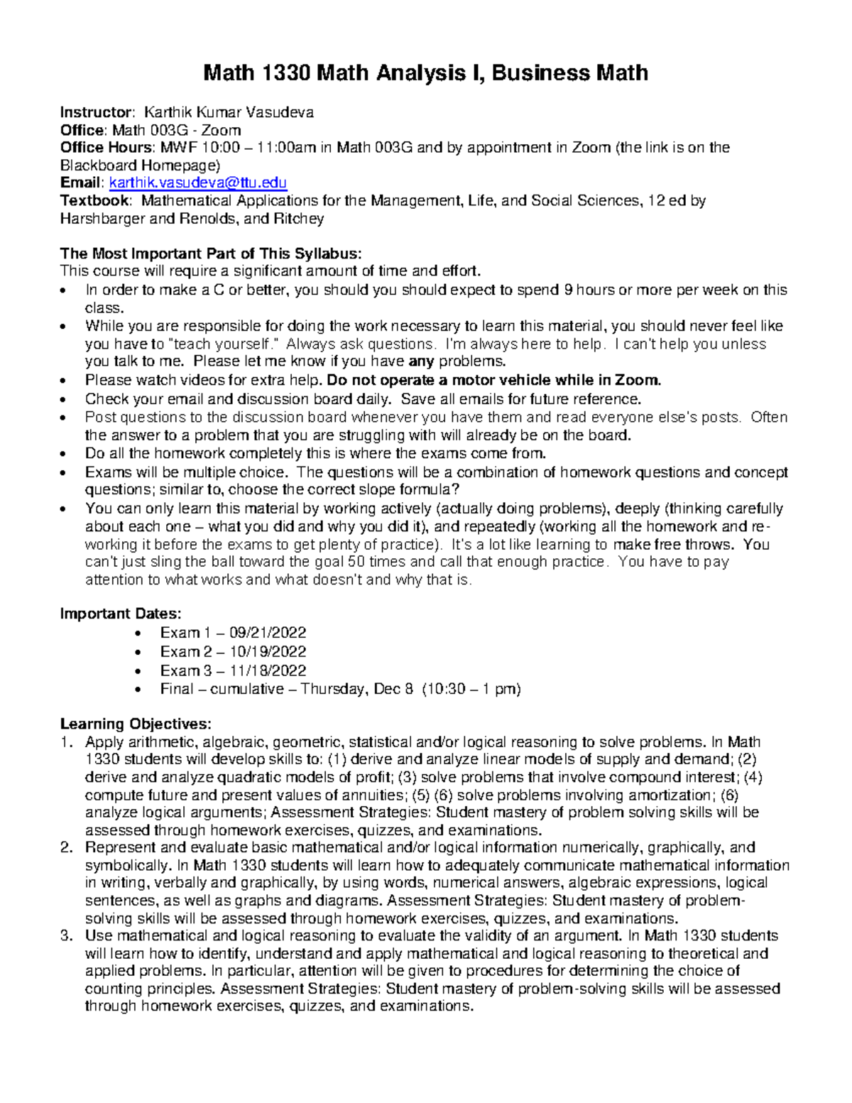Math Syllabus Fall 22 TA 1 Math 1330 Math Analysis I Business Math