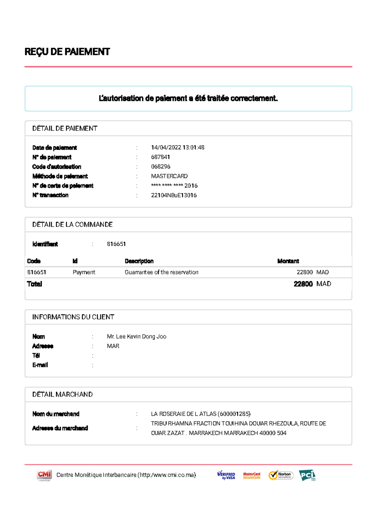 Reçu de paiement - sdfgh - REÇU DE PAIEMENT L’autorisation de paiement ...