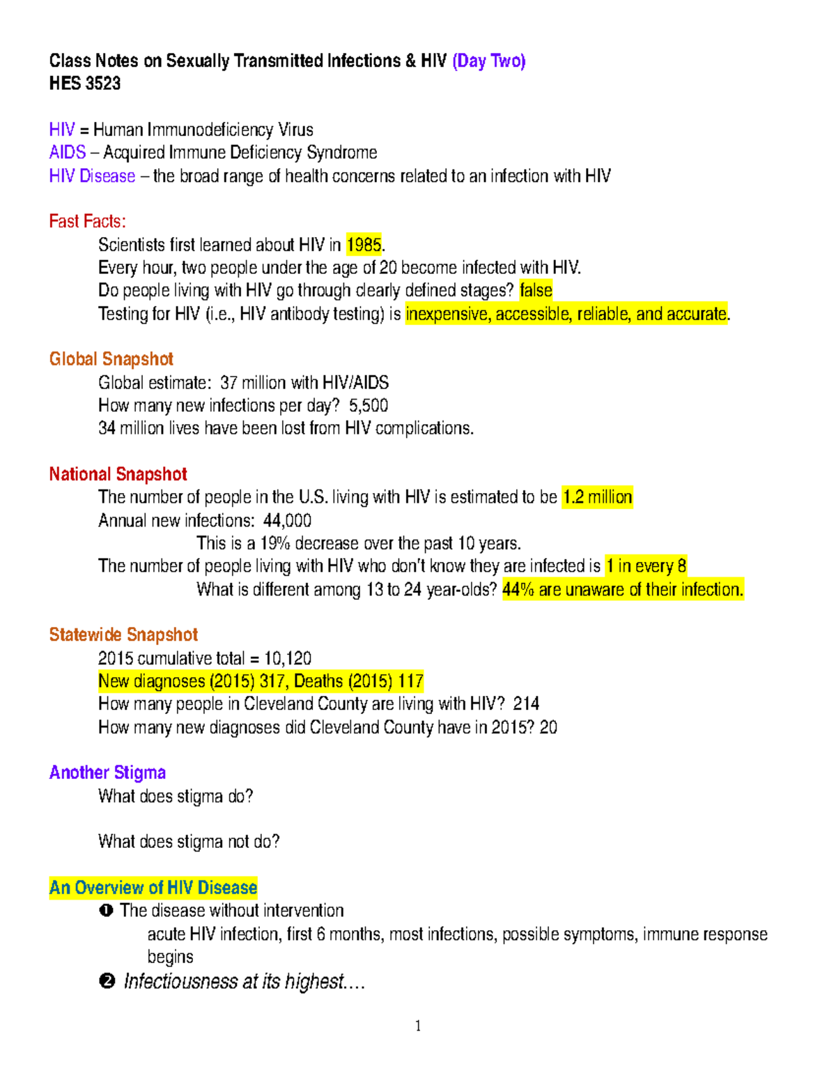 HIV Disease - Class notes filled in - Class Notes on Sexually ...