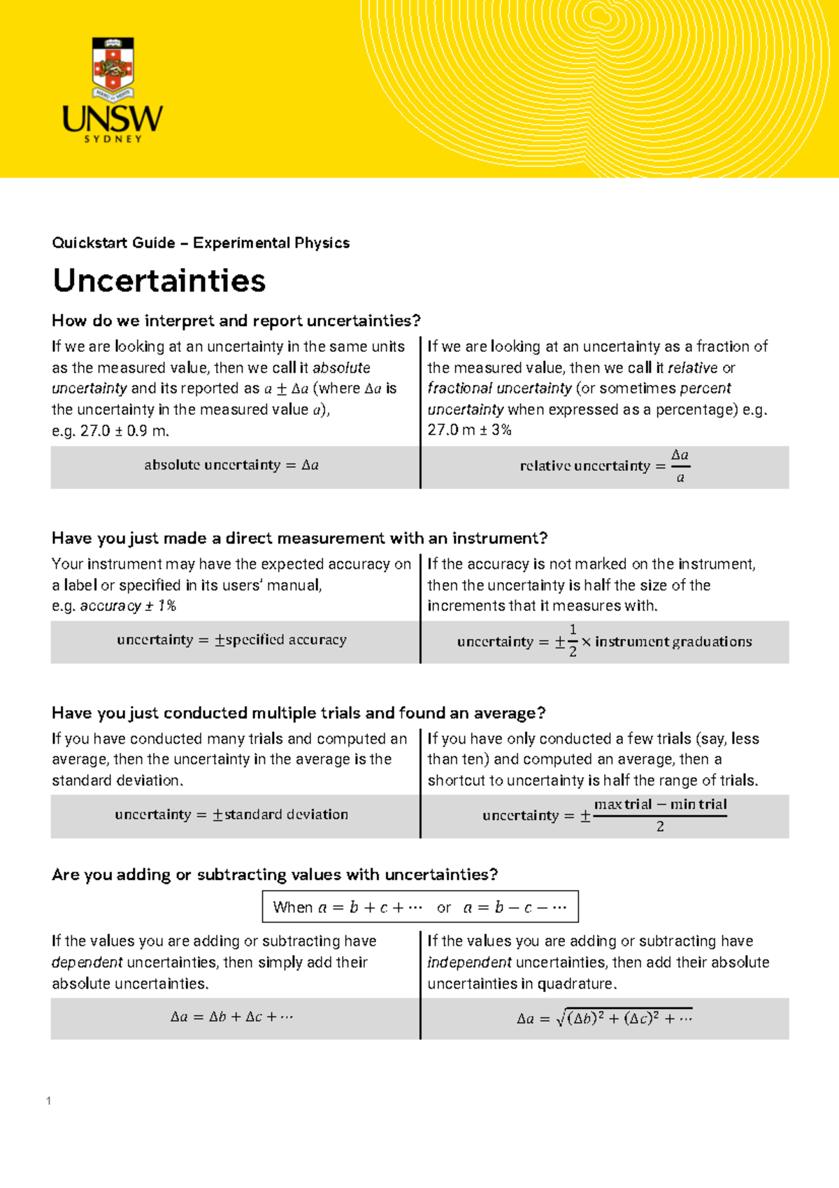 Quickstart Guide - Uncertainties - 1 Quickstart Guide – Experimental ...