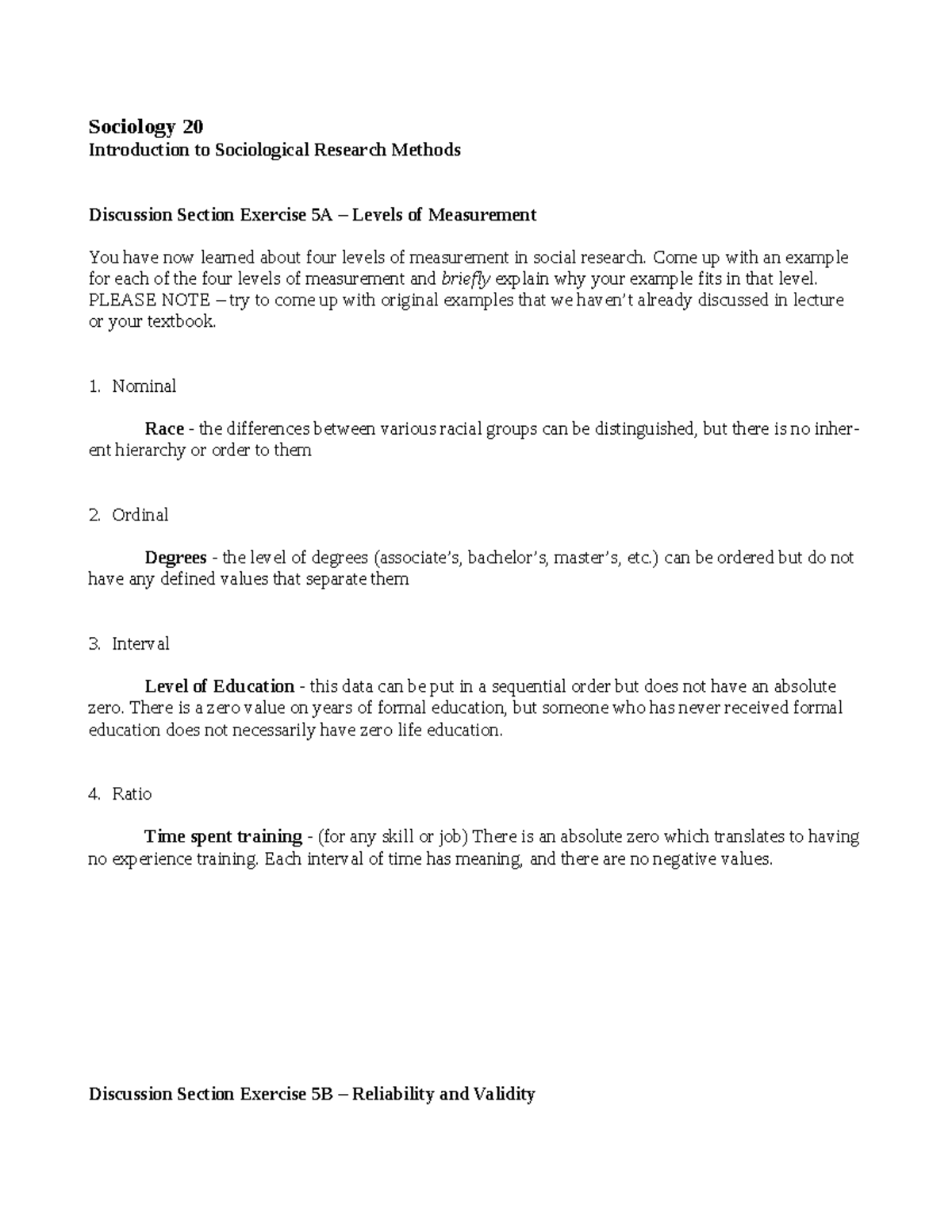 SOC 20 S21 - Exercise 5 Week 5 - Levels of Measurement/ Reliability and ...