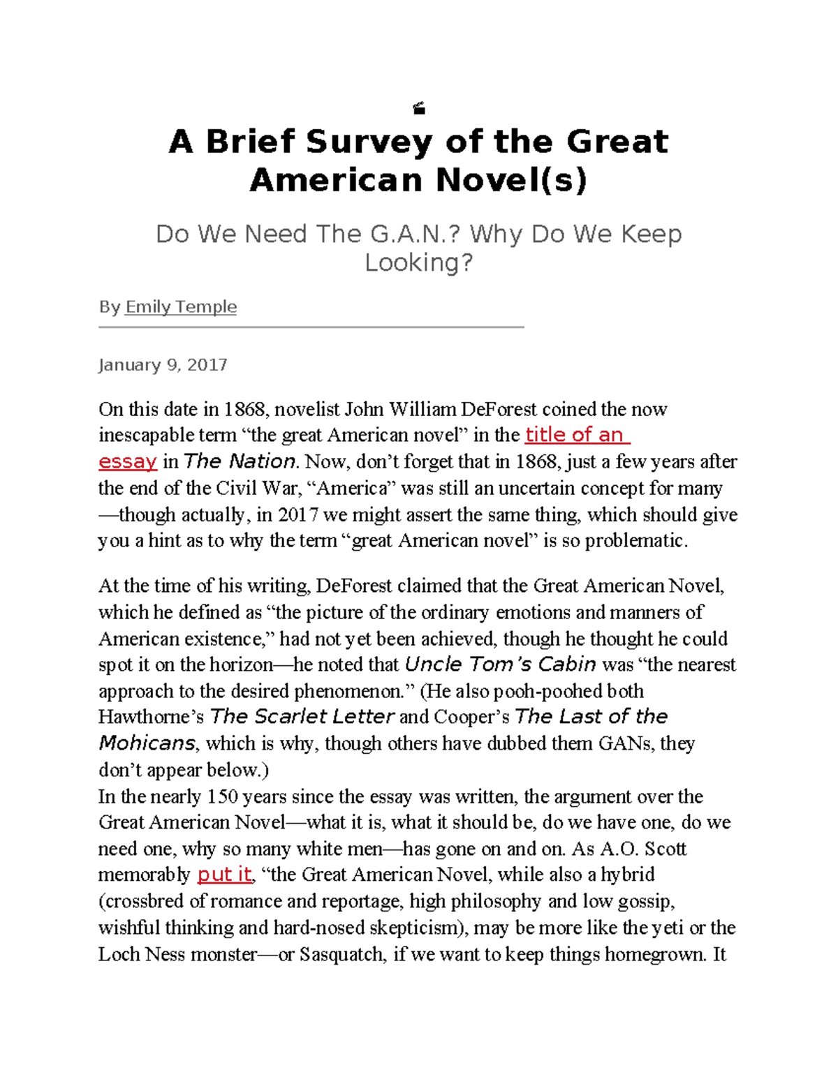 A Brief Survey of the Great American Novel - A Brief Survey of the ...