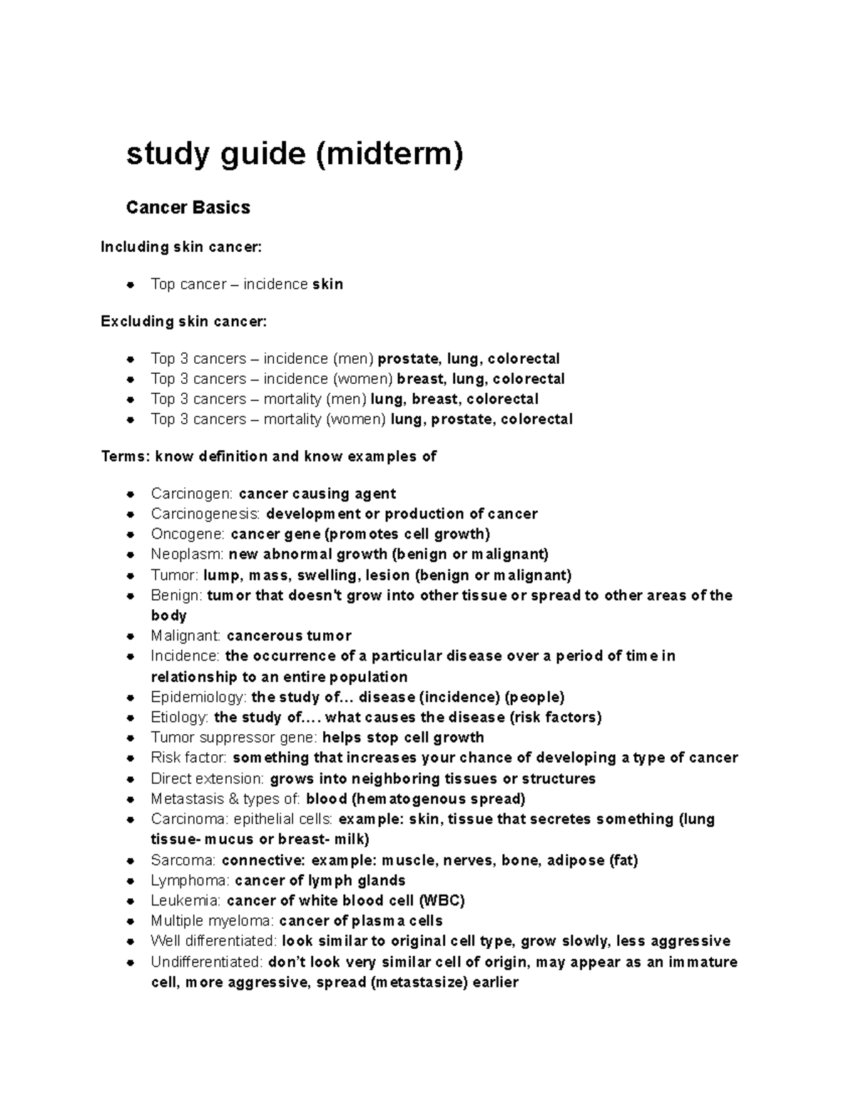 Study guide (midterm) - study guide (midterm) Cancer Basics Including skin cancer: Top cancer ...