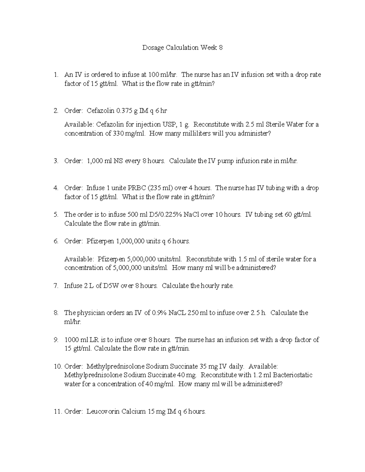 Week 8 Pharm Lab Dosage Calculation Worksheet 2 - Dosage Calculation ...