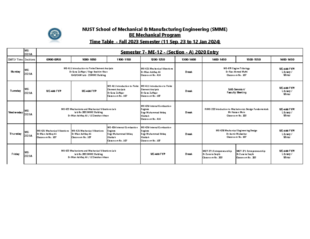 2020-Entry - ME- 2020A DAYS/ Time Sections 0900-0950 1000-1050 1100 ...