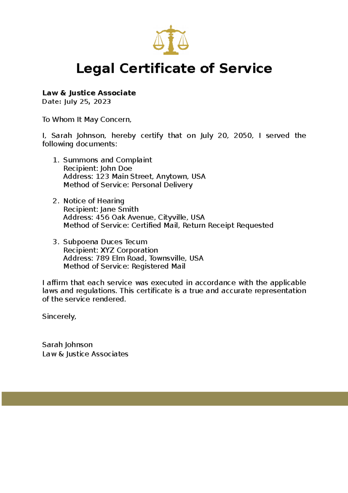 Legal Certificate of Service Template - Legal Certificate of Service ...