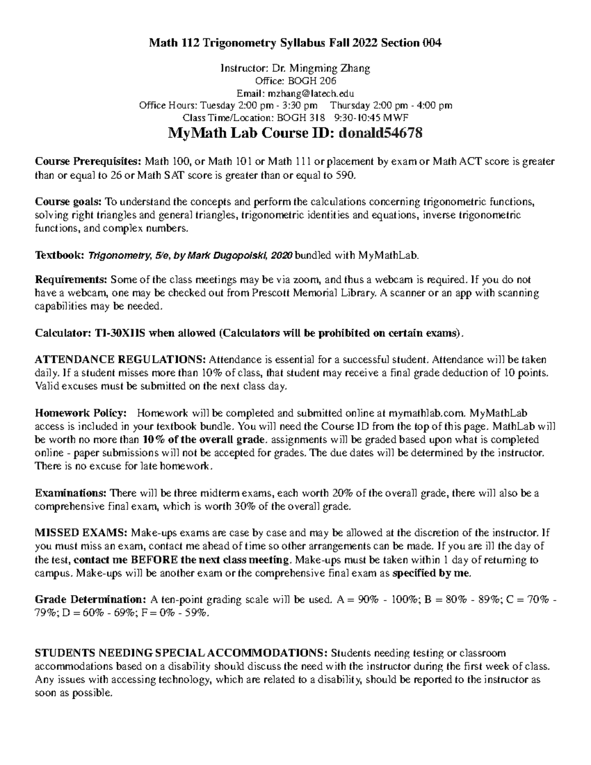 Math 112 Section 004 Syllabus - Fall 2022 - Math 112 Trigonometry ...