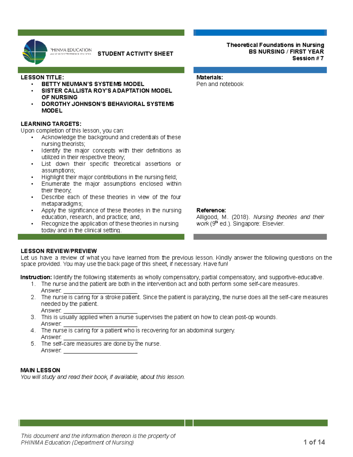 Session #7 SAS - TFN - 1st year nursing - STUDENT ACTIVITY SHEET ...